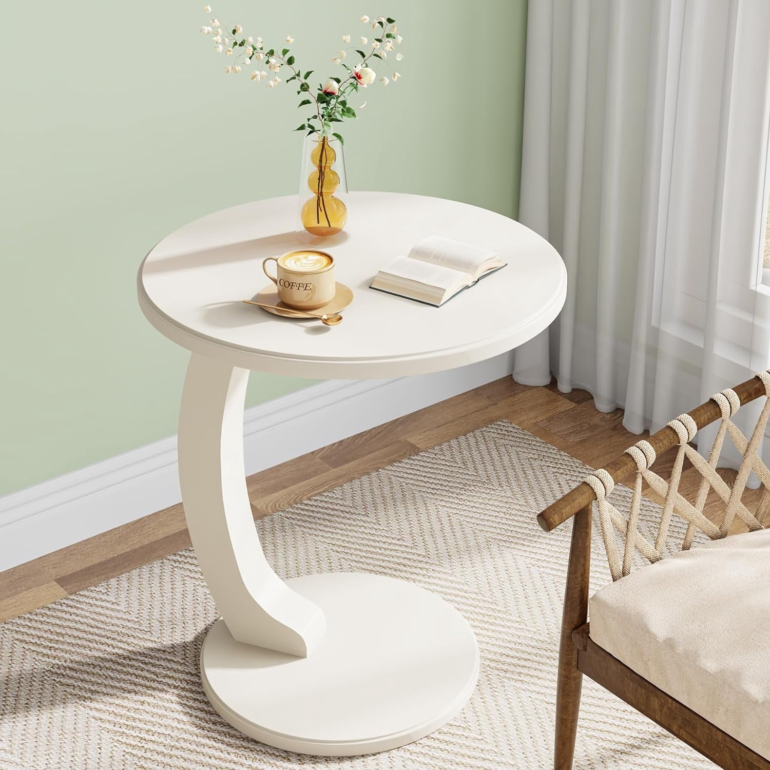 Finmind Solid Wood Round End Table, Mid-Century C-Shaped Side Table for ...
