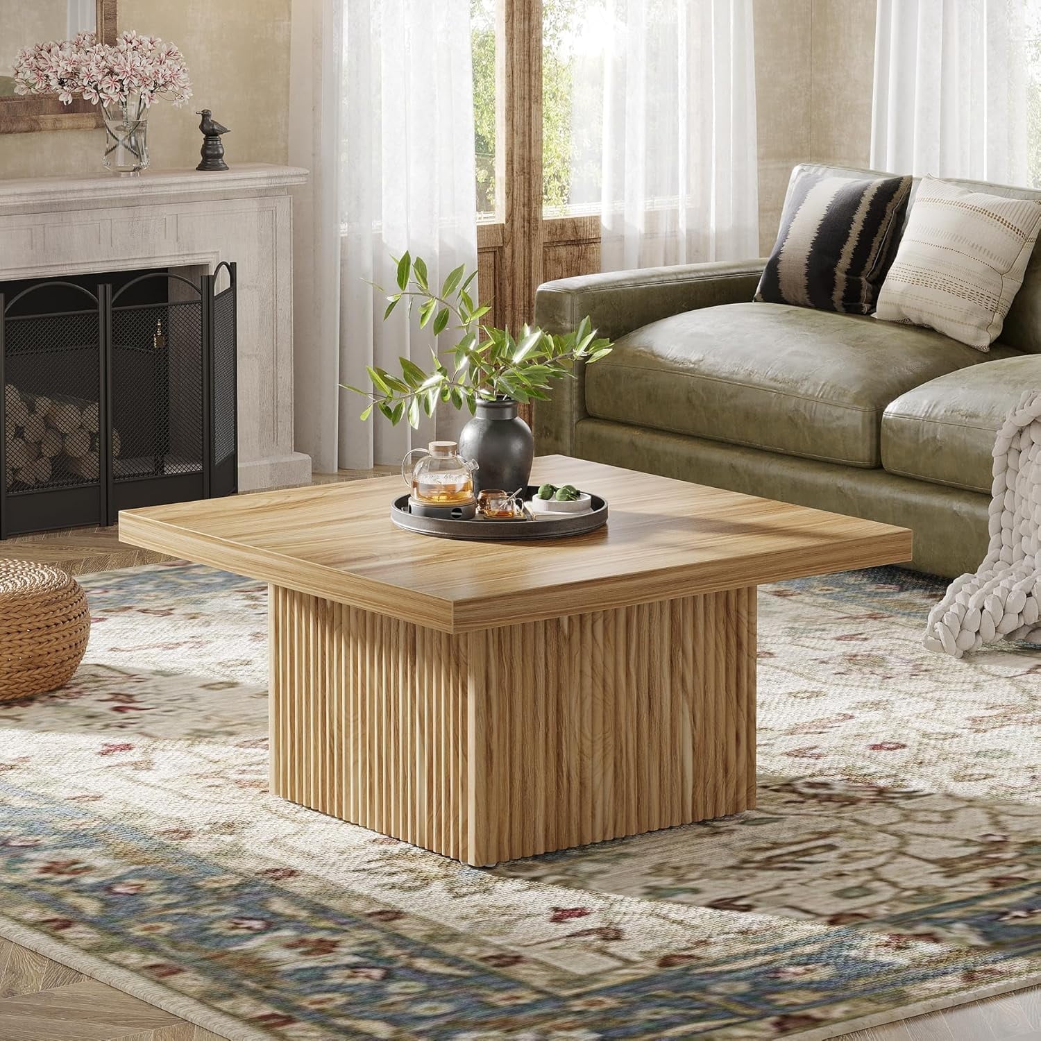 Finmind Square Coffee Table, 31.5-Inch Mid-Century Fluted Table, Large ...