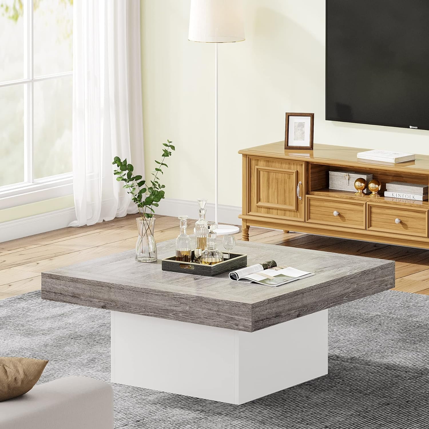 Tribesigns Square Coffee Table with LED Lights, 35-Inch Living Room ...
