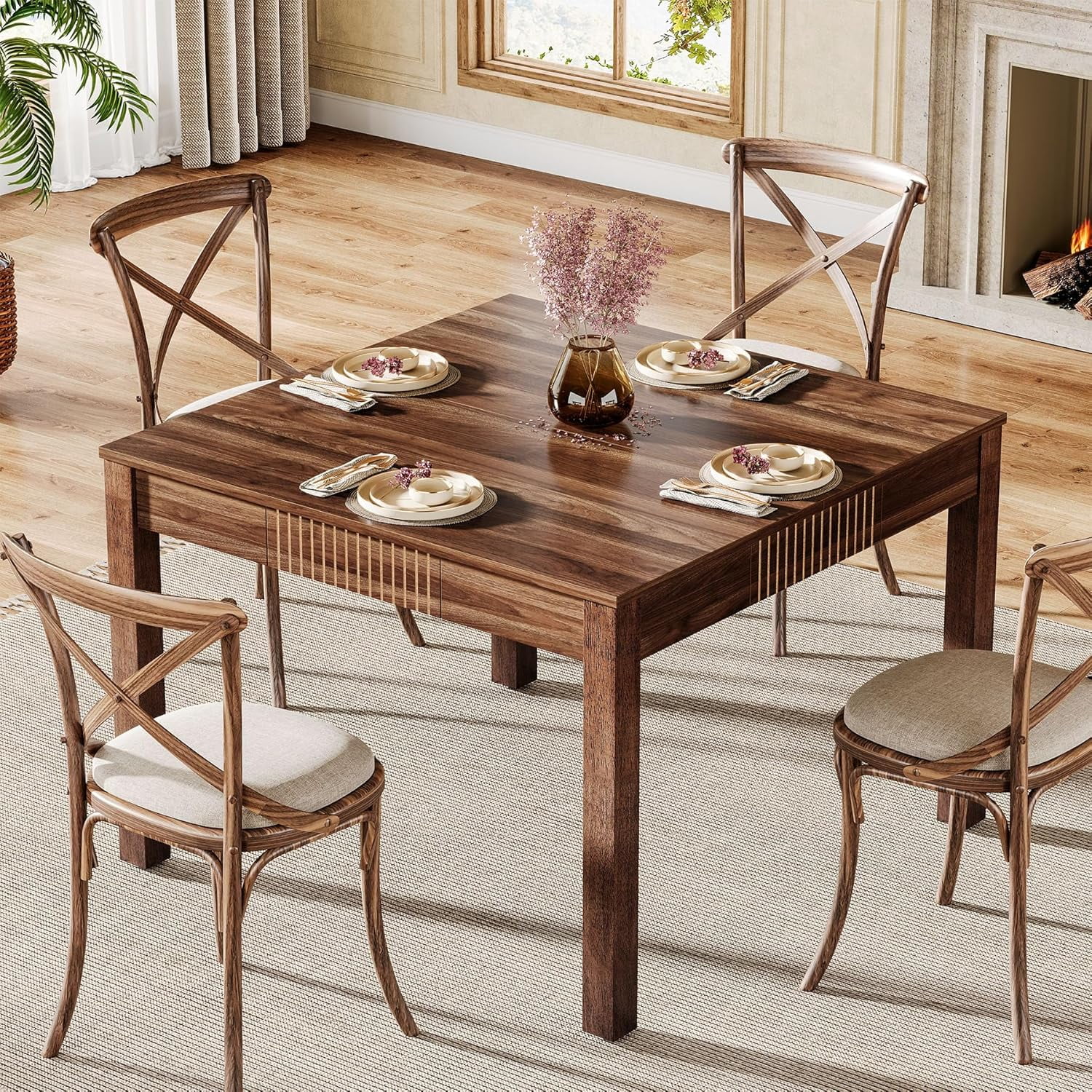 Tribesigns Square Dining Table with 4 Drawers, Wood Dining Table with ...