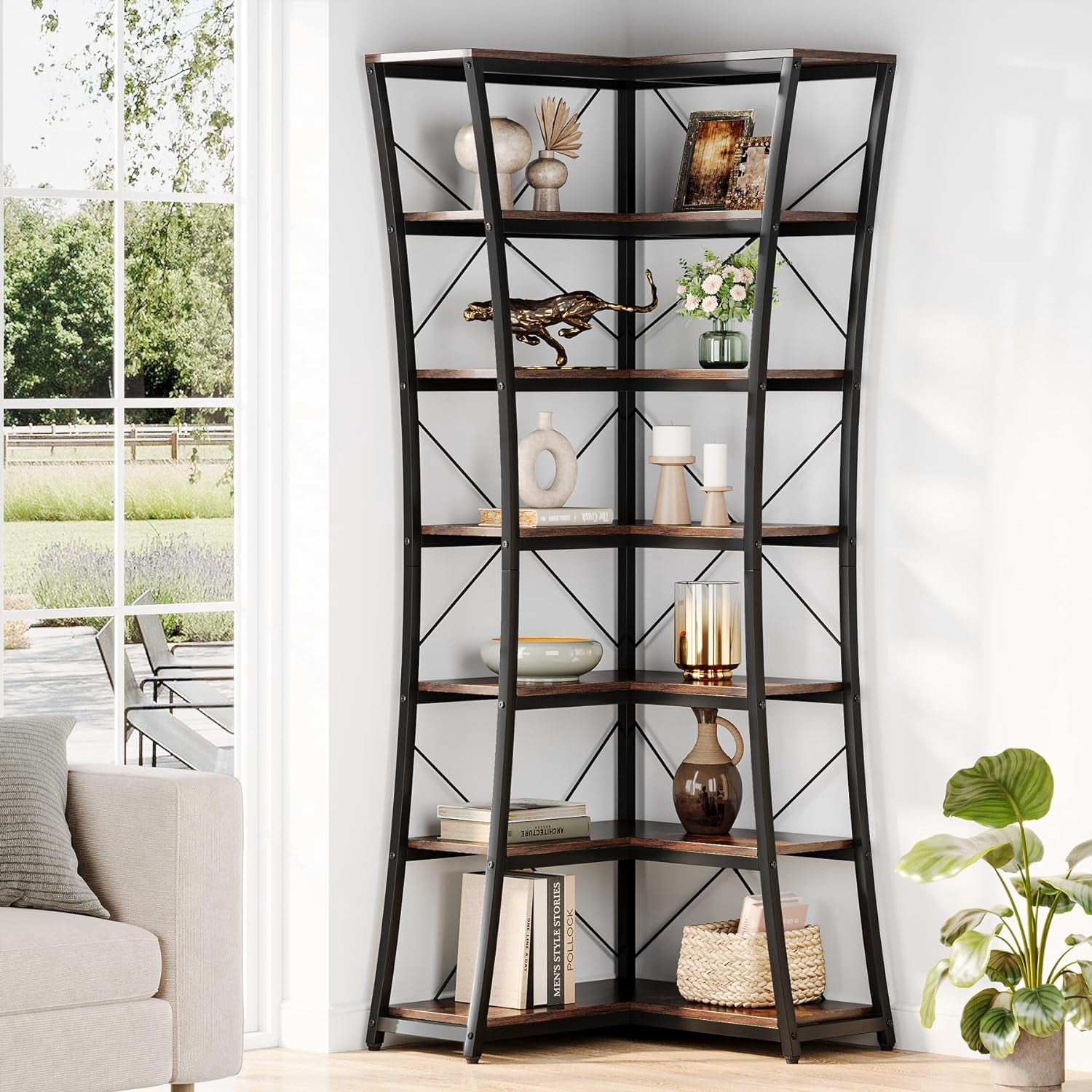 Tribesigns Tall Corner Bookshelf, 7-Tier Industrial L-Shaped Bookcase ...
