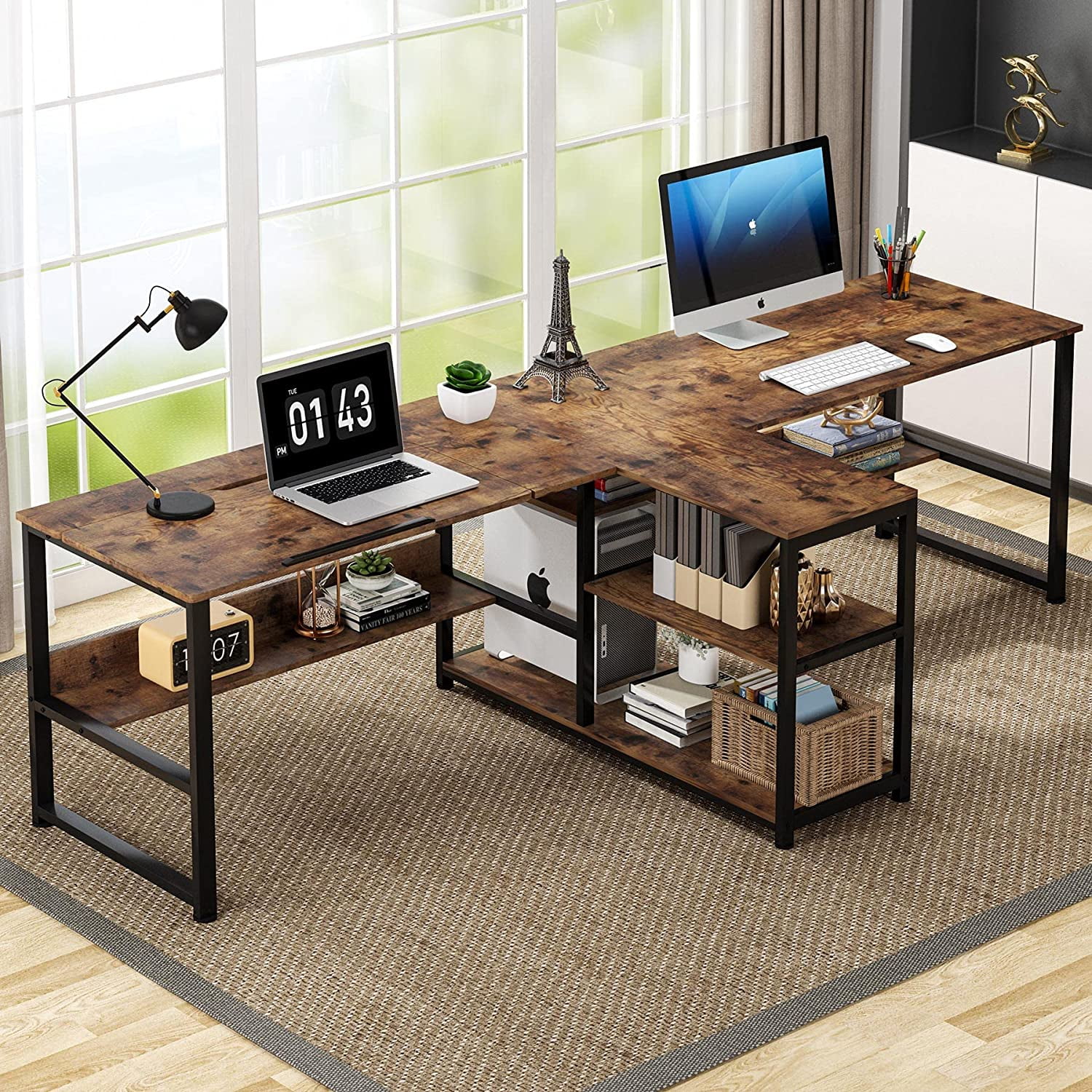 Tribesigns Two Person Desk with Storage Shelves and Tiltable Tabletop ...