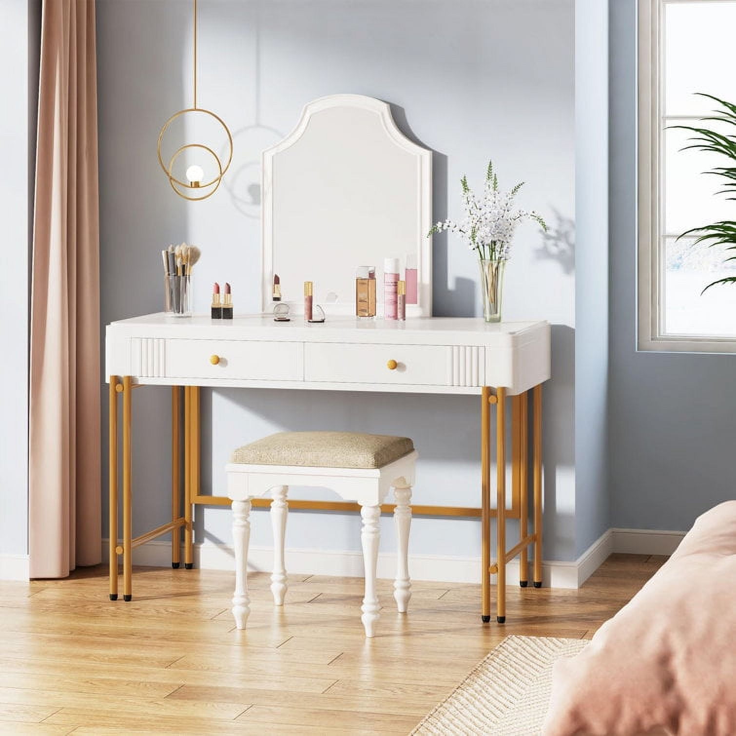 Tribesigns Vanity Desk with 2 Drawers, 47-Inch White Gold Makeup Vanity ...