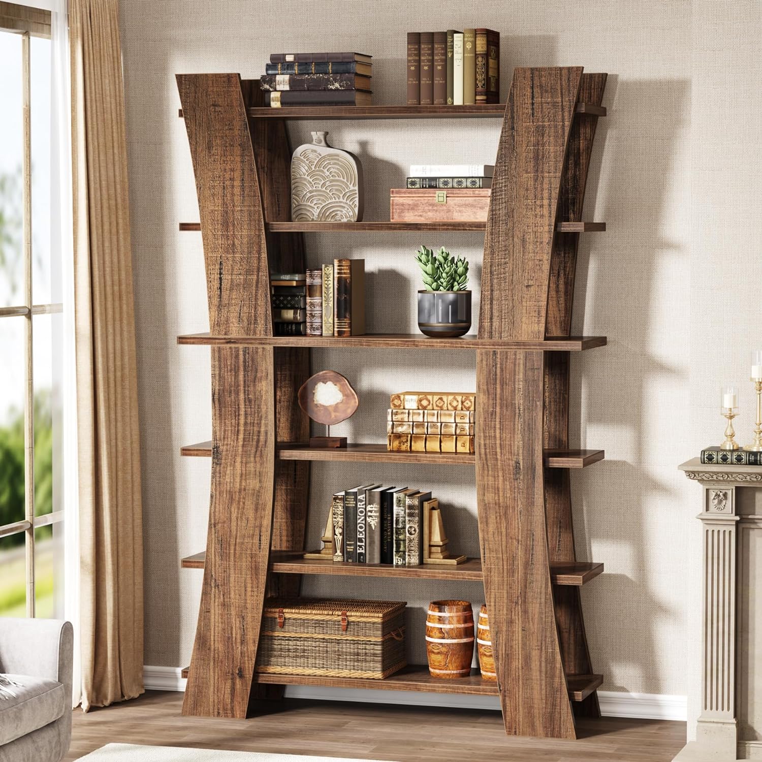 Tribesigns Vintage 70.87" Tall 6-Tier Wood Bookshelf, Arc-Shaped ...
