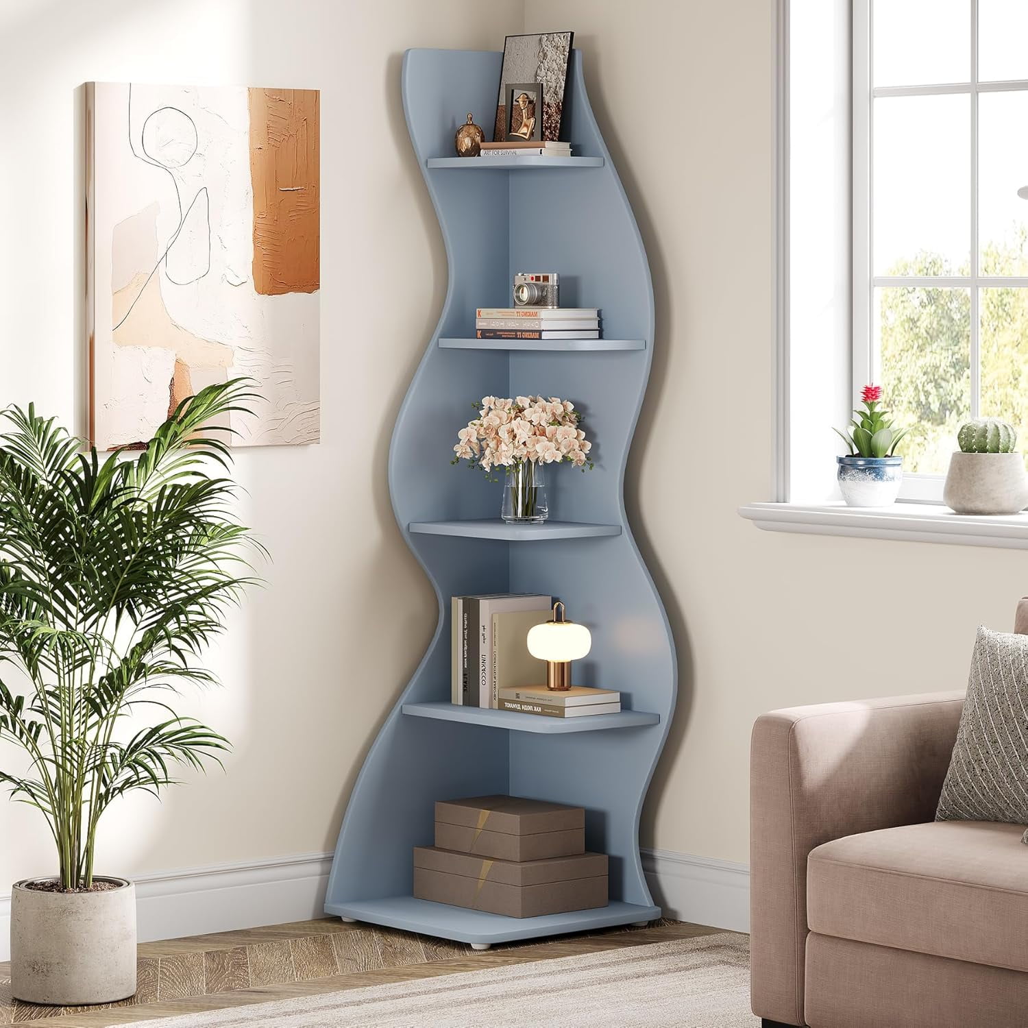 Tribesigns Wavy Corner Shelf, Modern 5-Tier Bookshelf Bookcase with ...