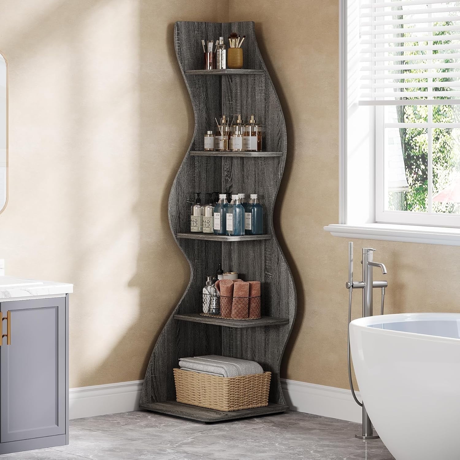Wavy Corner Shelf, Modern 5-Tier Bookshelf Bookcase with Curvy Shape ...