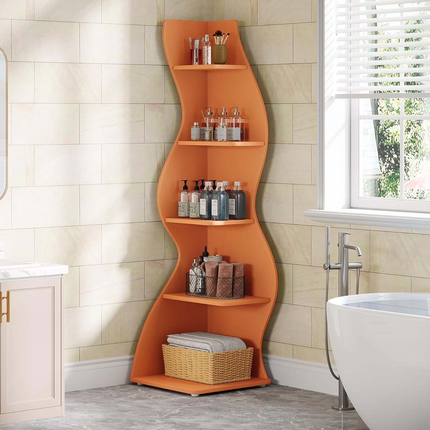 Wavy Corner Shelf, Modern 5-Tier Bookshelf Bookcase with Curvy Shape ...