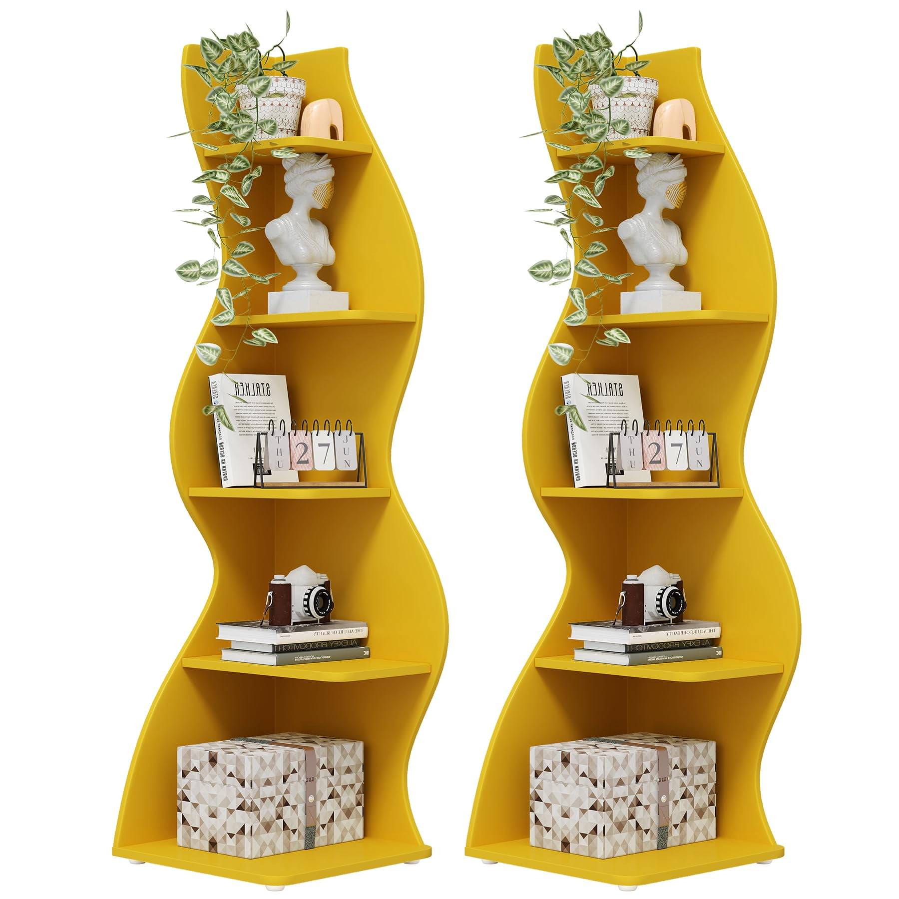 Tribesigns Wavy Corner Shelf Set of 2, Modern 5-Tier Bookshelf with ...