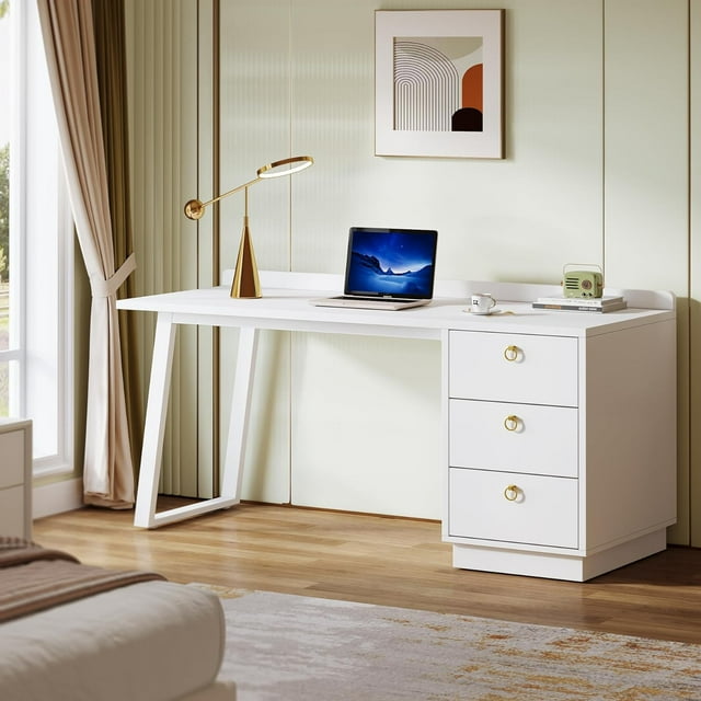 Tribesigns White Computer Desk with Drawers,55 Inches Modern Home ...