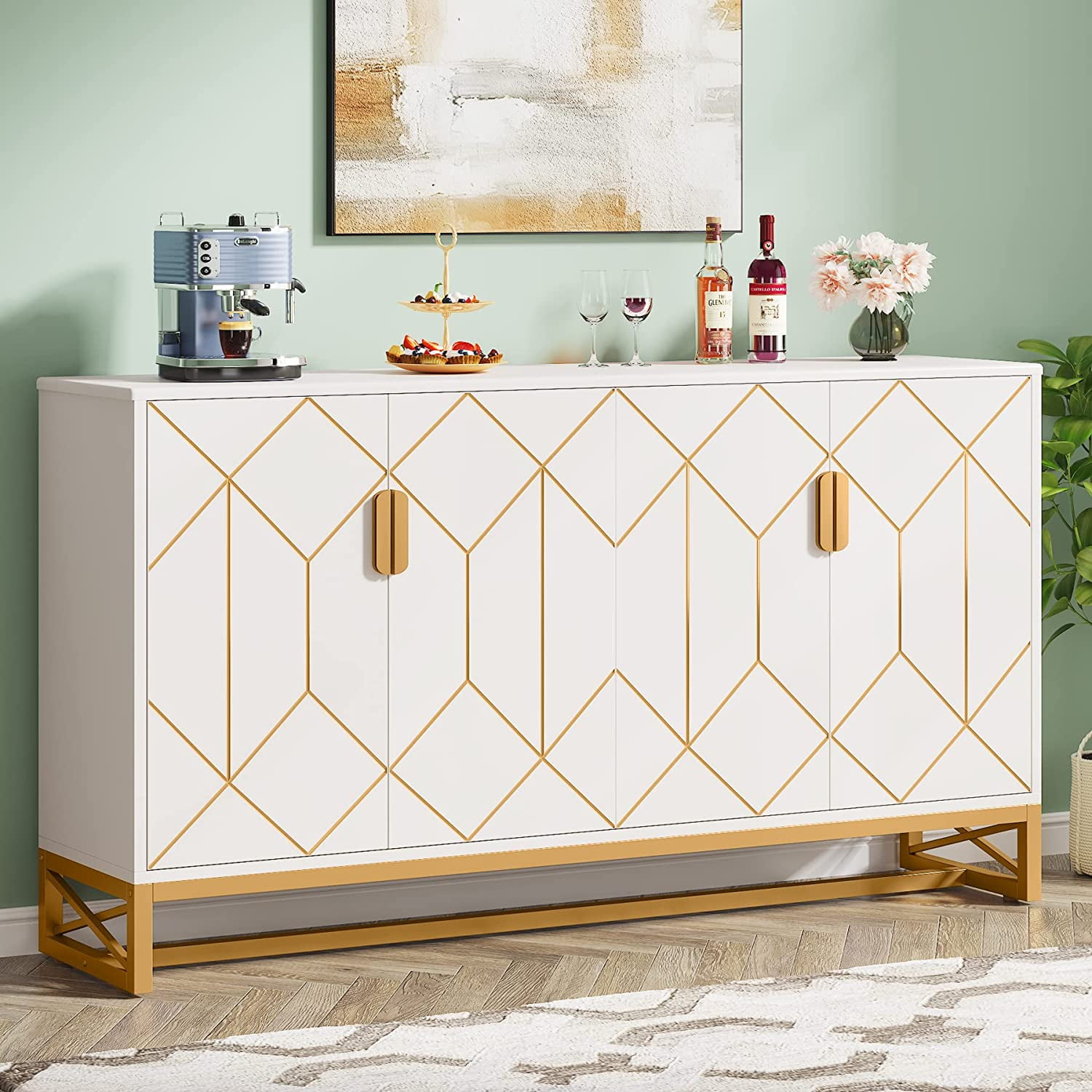 "Tribesigns White Gold 59"" Buffet Cabinet with Storage, Modern Kitchen ...