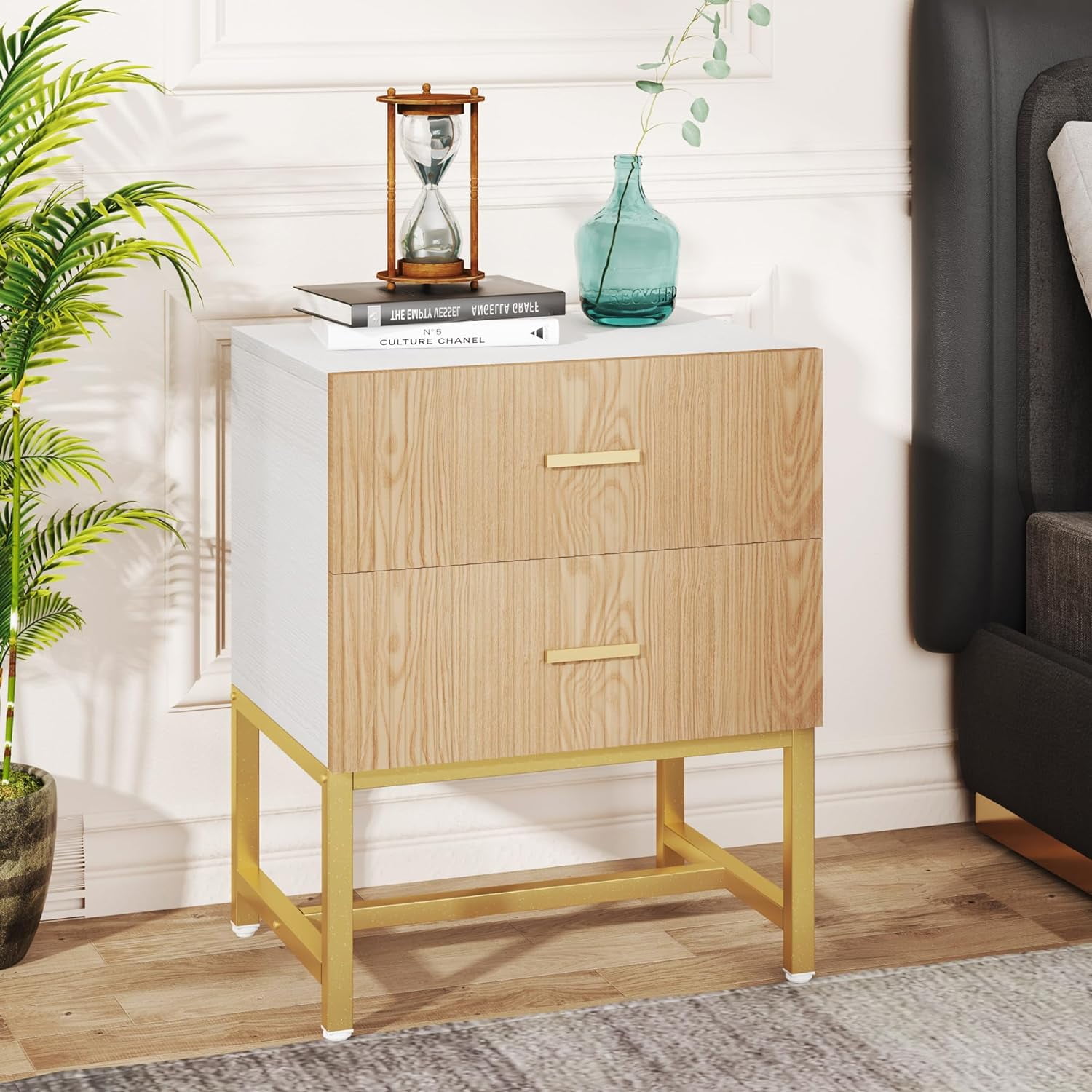 Tribesigns White Gold Nightstand with 2 Big Striped Drawers, Large Bed ...