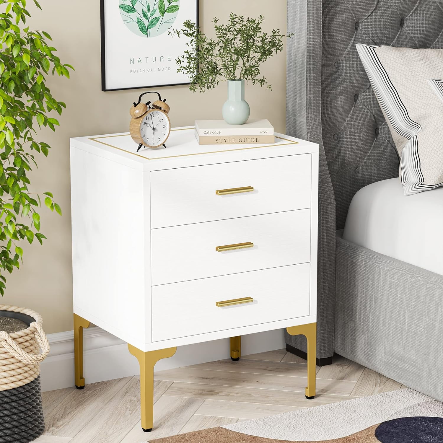 Tribesigns White & Gold Nightstand with 3D Square Top, Modern 3-Drawer ...