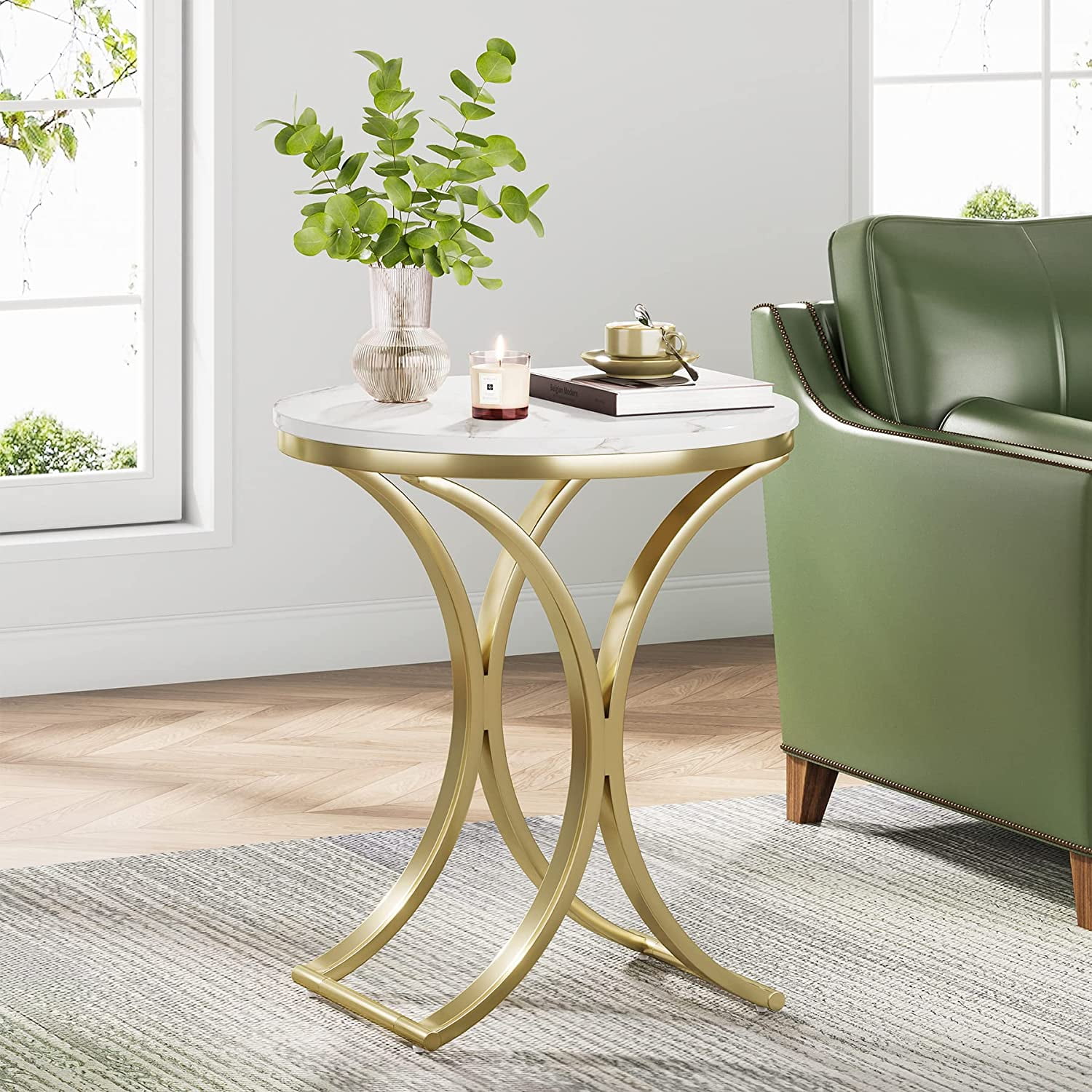 Tribesigns White Gold Side Table Small C End Table Modern Round Coffee Table Accent Table Bedside Table Round Nightstand with Gold Metal Frame and