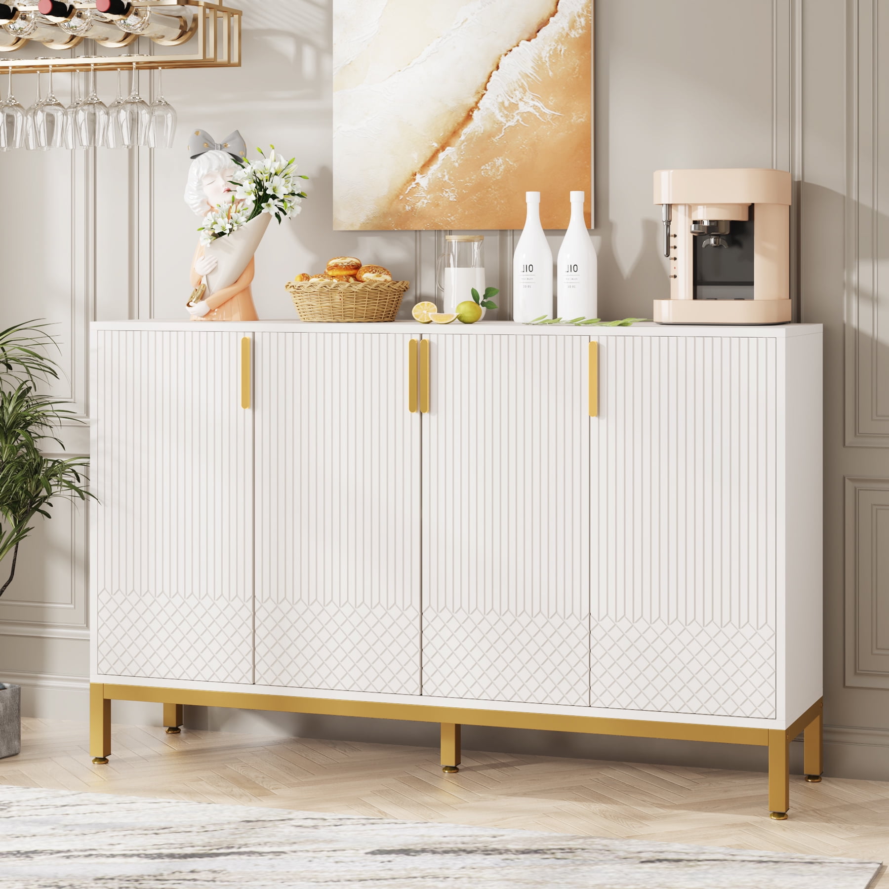 Tribesigns White Luxury Buffet Cabinet with Storage, 55 Inch Kitchen Sideboard Cabinet with 4 ...