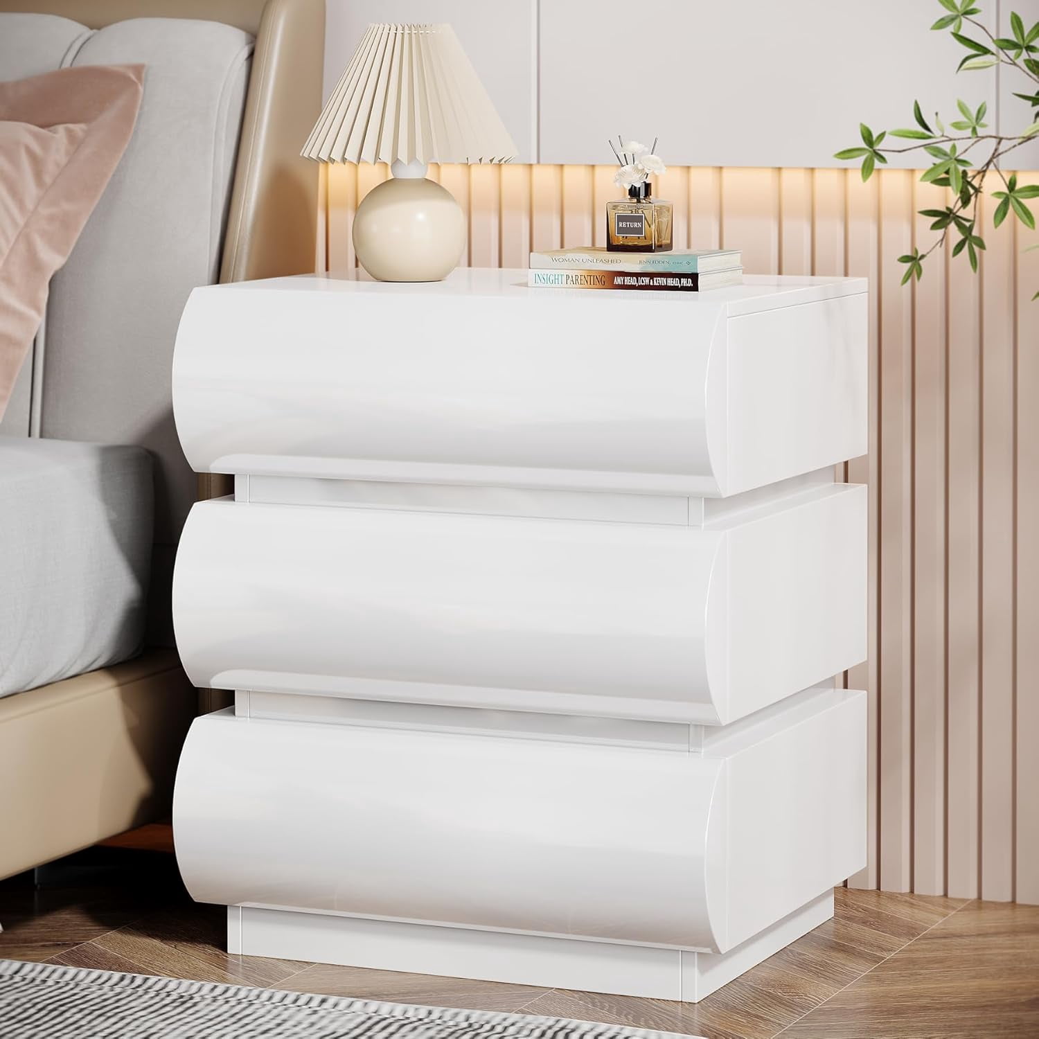 Tribesigns White Nightstand with 3 Drawers, High Gloss Bedside Table ...