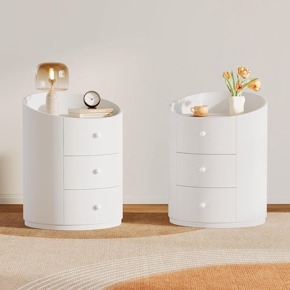 Tribesigns White Nightstand with 3 Drawers, Modern Wood Round Night ...