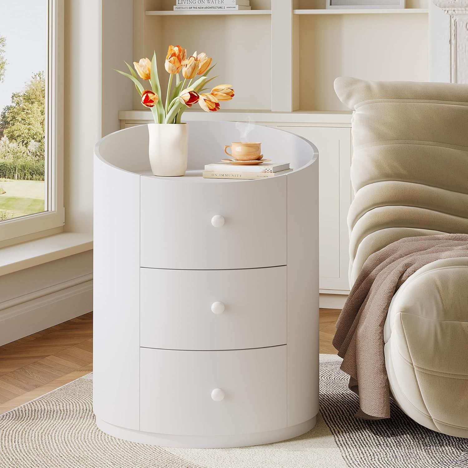 Tribesigns White Nightstand with 3 Drawers, Modern Wood Round Night ...