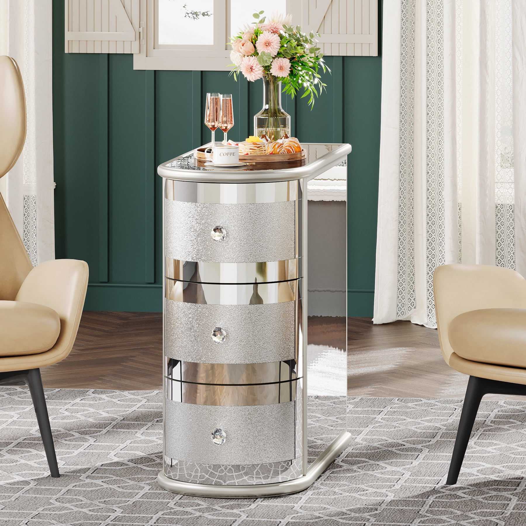 Tribesigns Wood End Table, 3-Drawer Mirrored Side Table, No Assembly ...