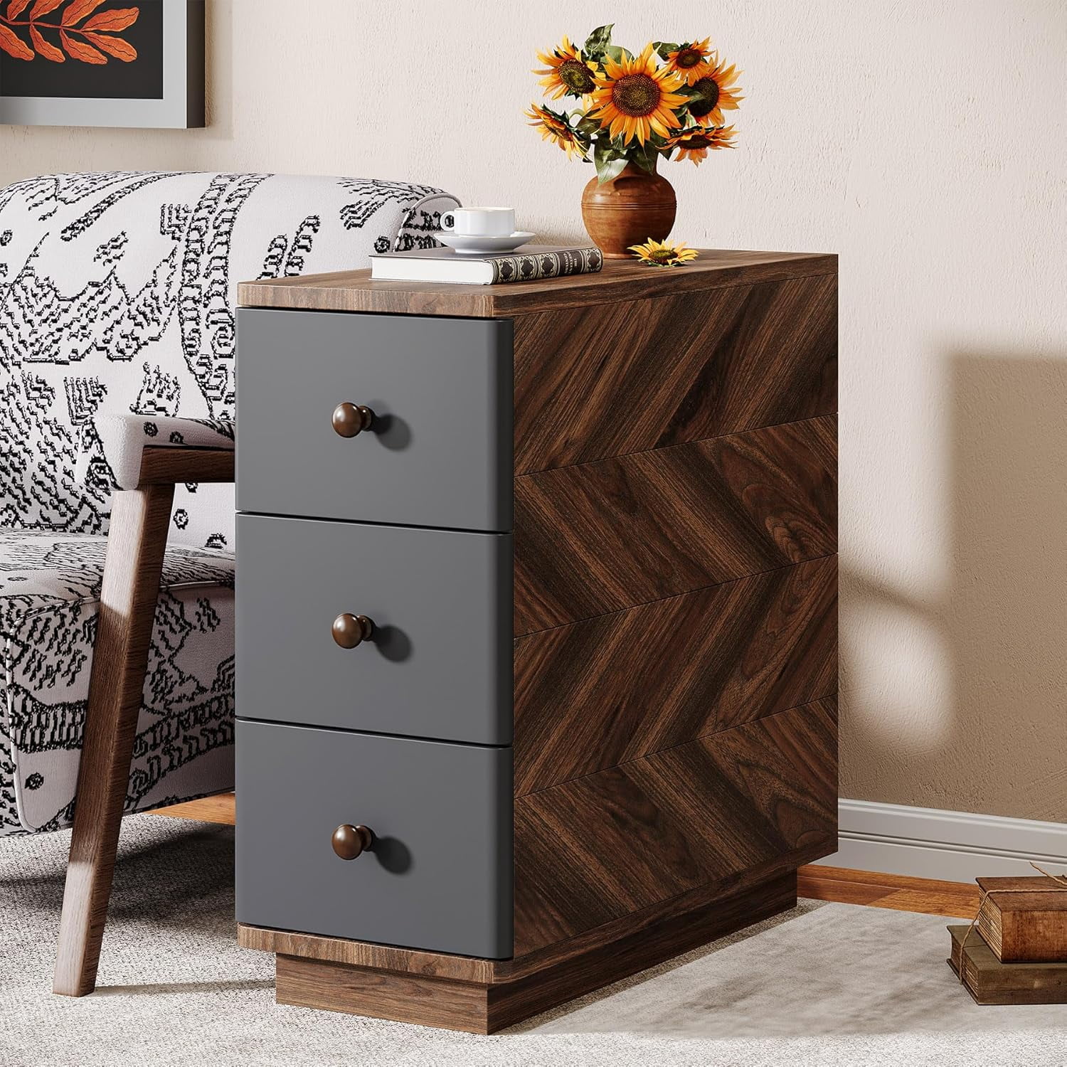 Tribesigns Wood End Table, 3-Drawer Narrow Side Table, Slim Sofa Side ...