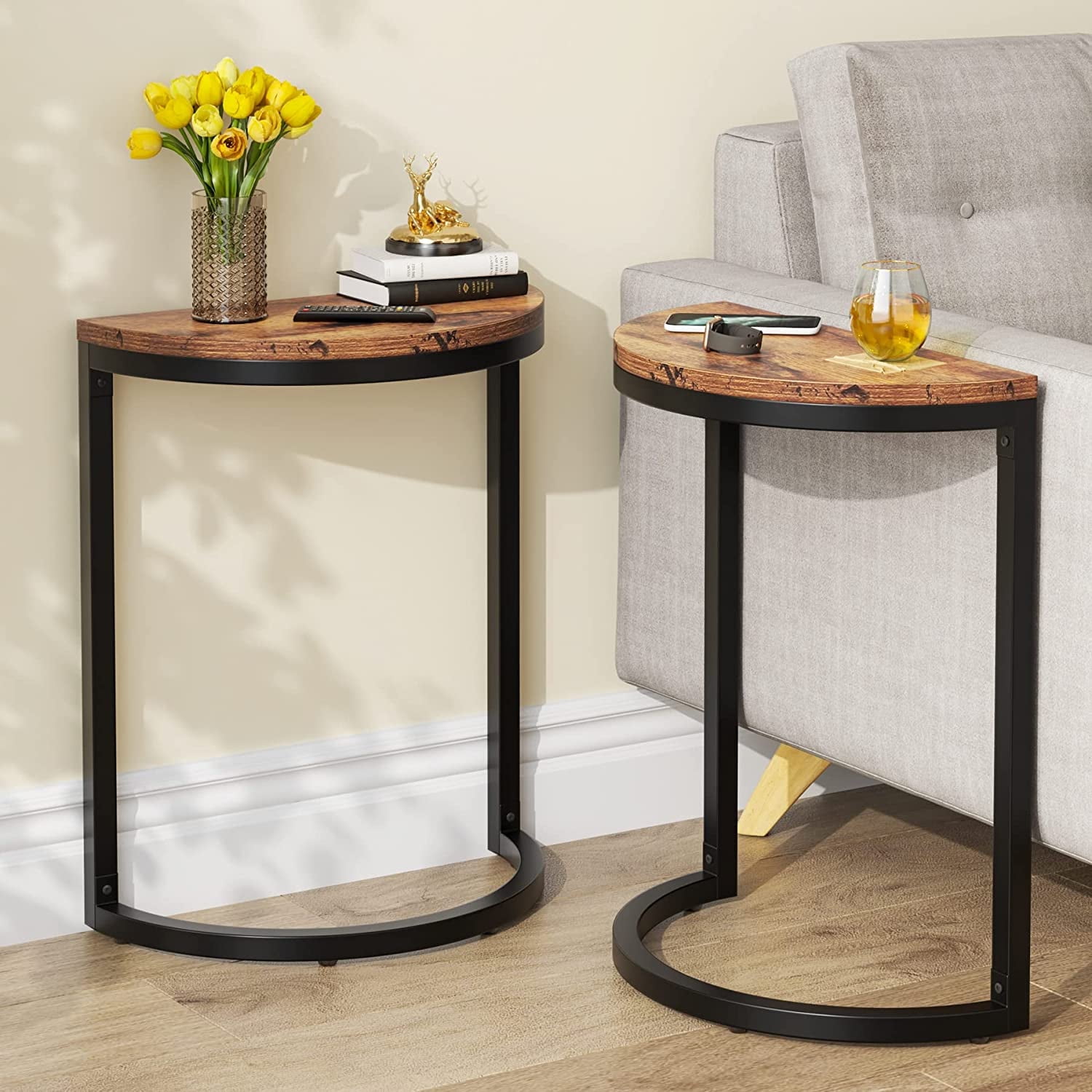 Finmind Wood End Table Half Round with Metal Frame for Living Room ...