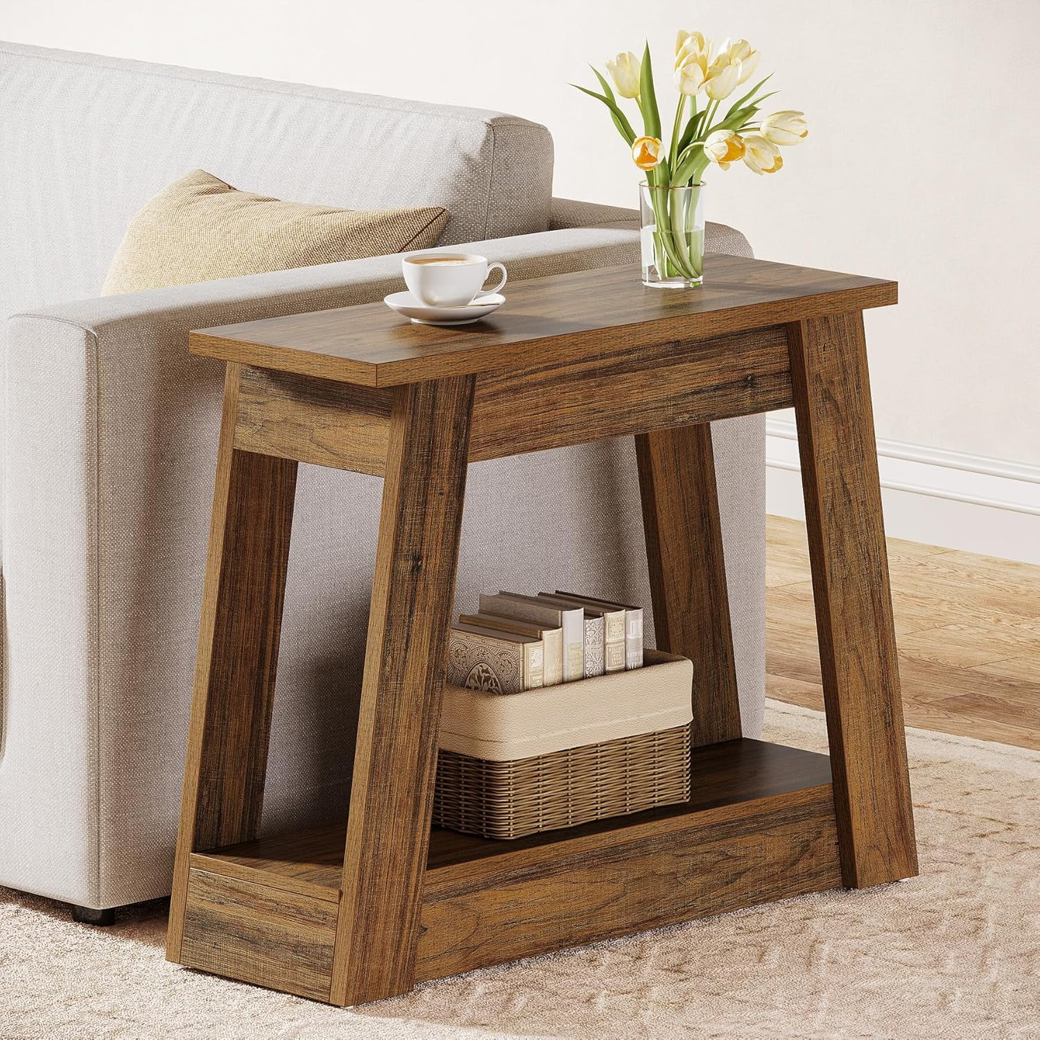 Tribesigns Wood End Table, Rustic Narrow Side Table with 2 Storage ...