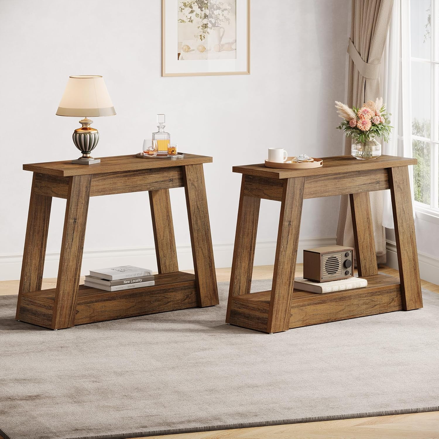 Tribesigns Wood End Table, Rustic Narrow Side Table with 2 Storage ...