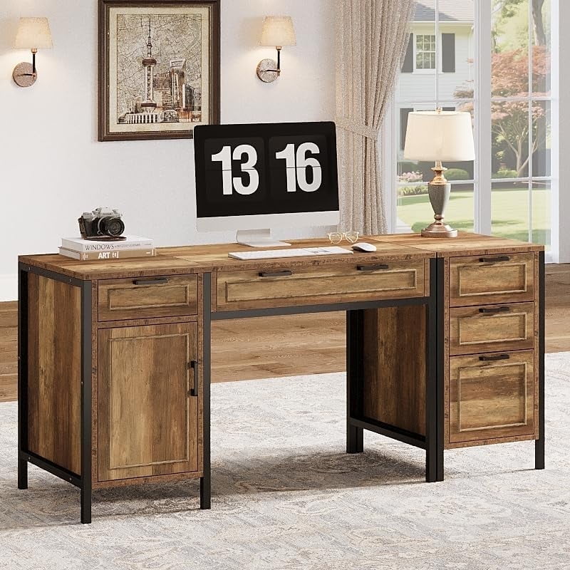 Tribesigns 65" Farmhouse Computer Desk with 5 Drawers, Wooden Home ...