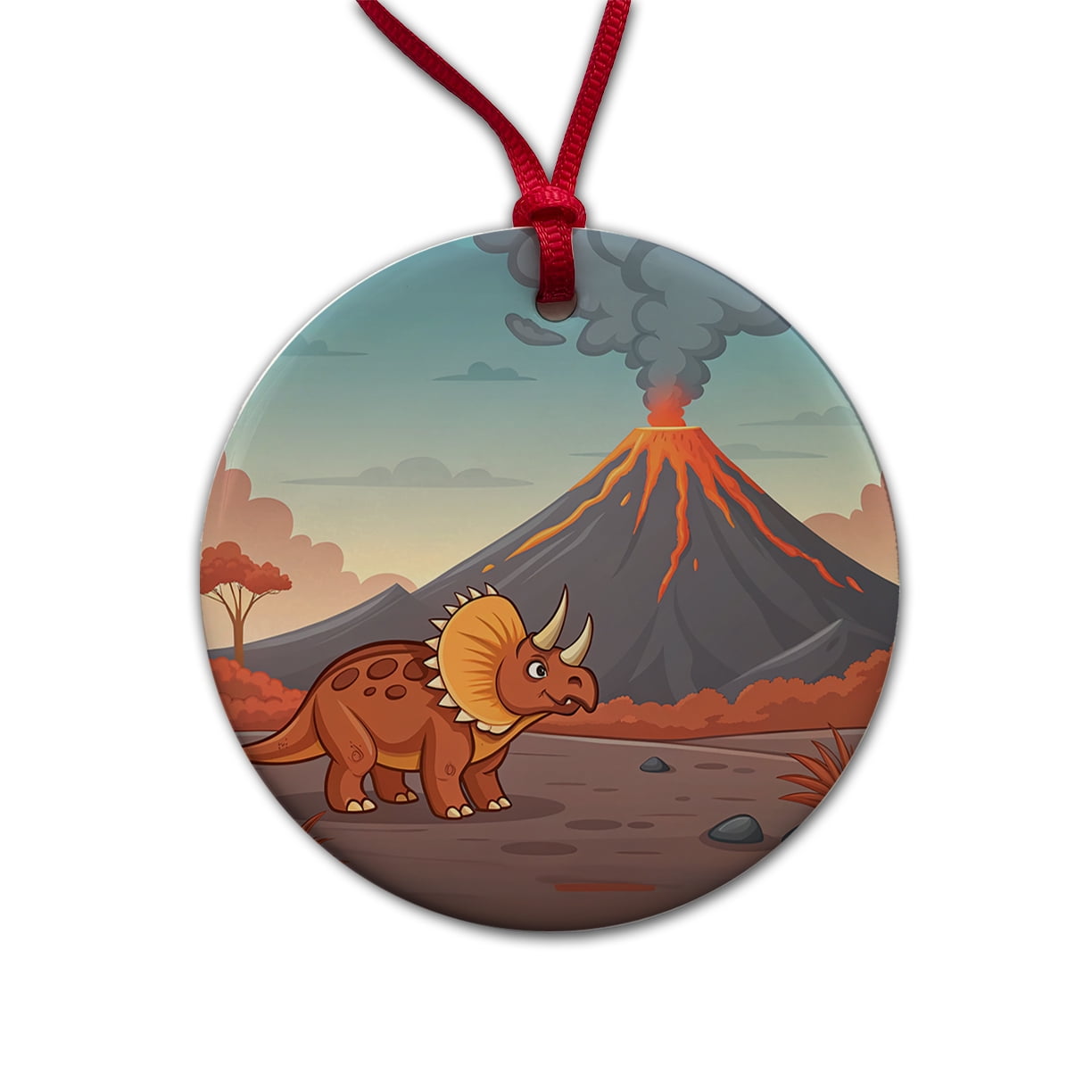 Triceratops Volcano Dinosaur Christmas Tree Holiday Round Ceramic ...