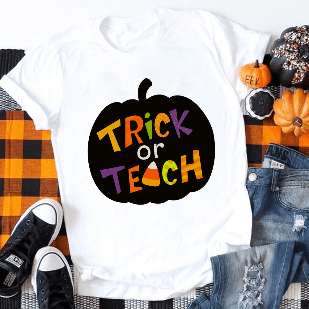 Trick Or Teach Candy Corn T-Shirt, Funny Halloween Teacher Shirt ...