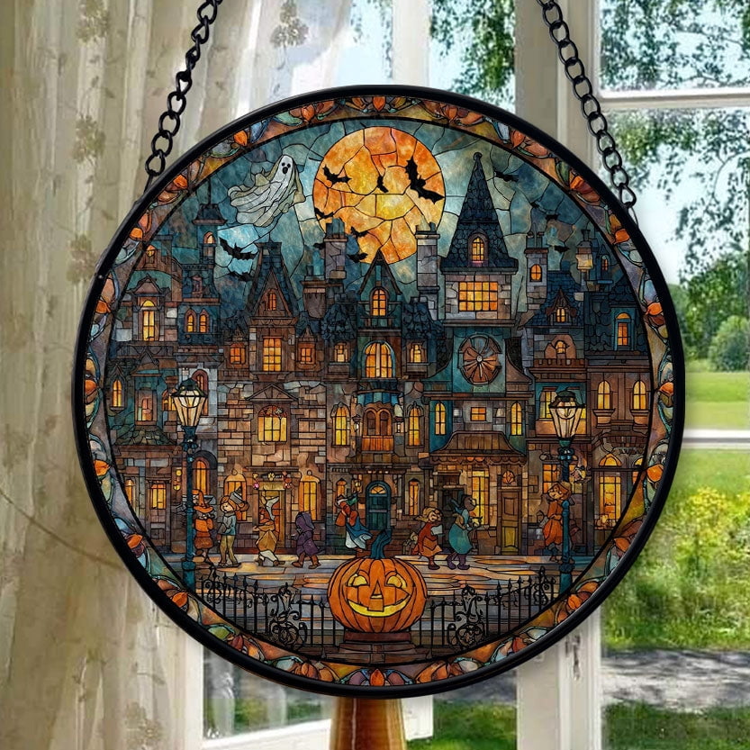 Trick or Treat Halloween Stained Glass Suncatcher Spooky Haunted Town ...