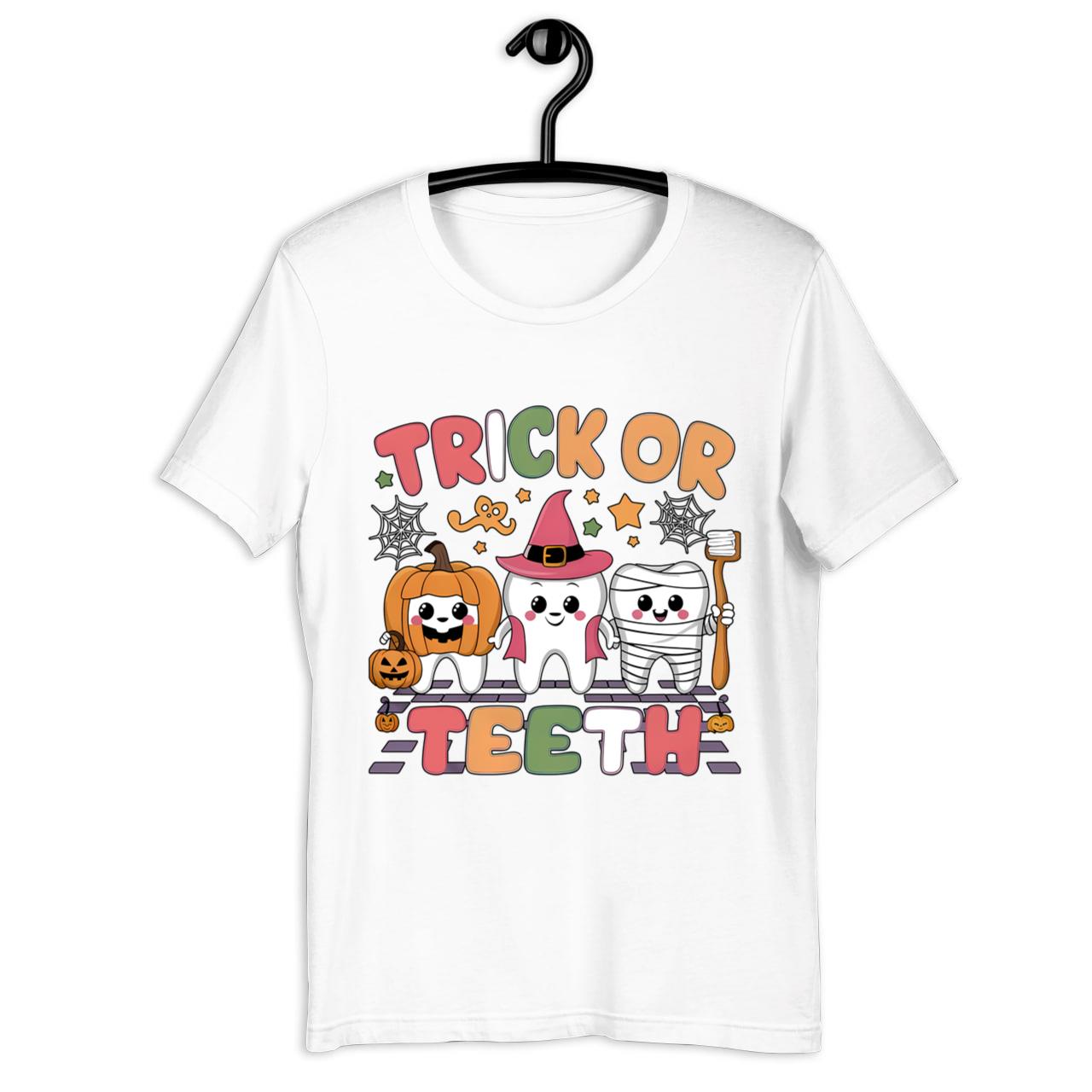 Trick or Teeth Halloween Scary Cute Tooth Characters Fun Dental T-Shirt ...