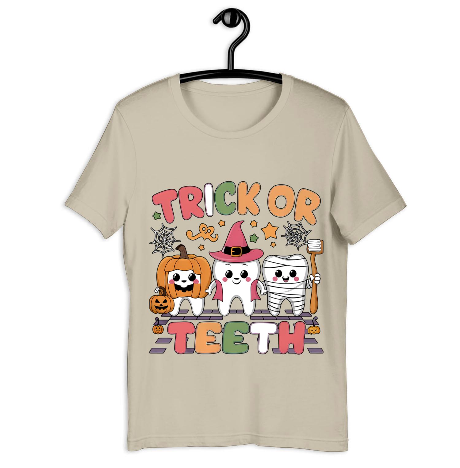 Trick or Teeth Halloween Scary Cute Tooth Characters Fun Dental T-Shirt ...
