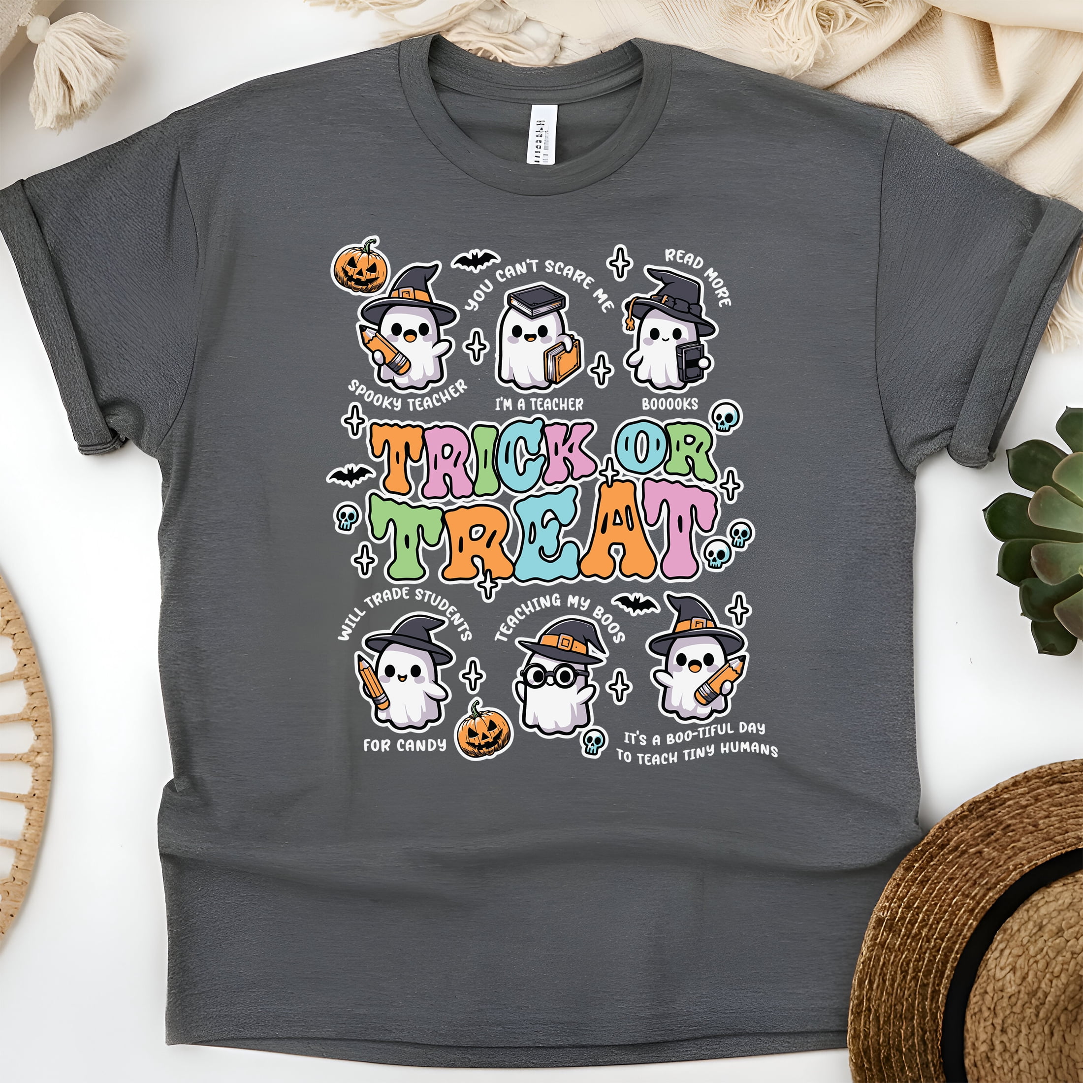 Trick or Treat Ghost Teacher Shirt – Cute Halloween School Themed Tee ...
