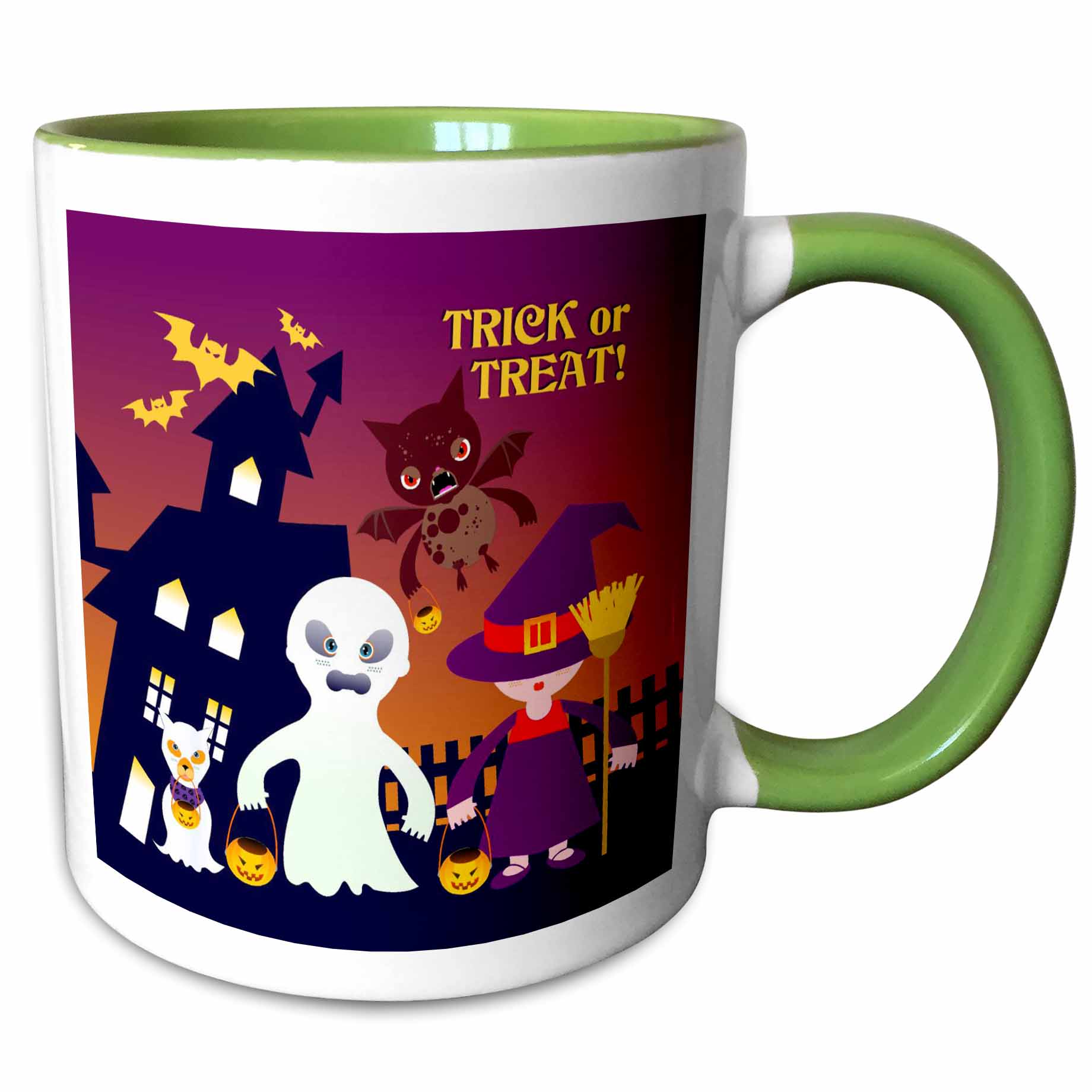 Trick or treat message and kids dressed up as ghost and witch with dog ...