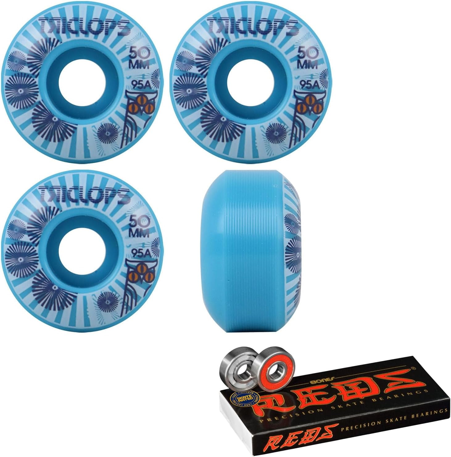 Triclops Skateboard Wheels Burst 50mm 95A Blue with Bones Reds Bearings ...