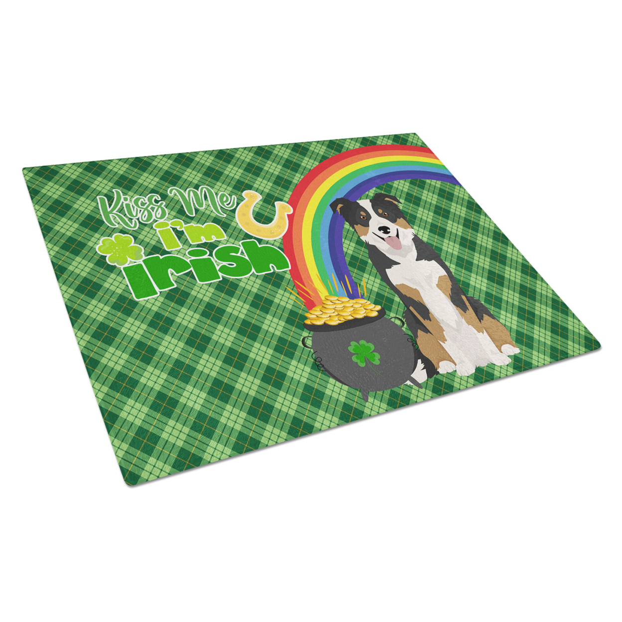 Tricolor Border Collie St. Patrick's Day Glass Cutting Board Large 12 ...