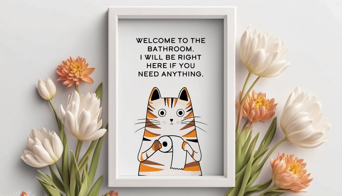 Tricolor Calico Cat Art Print, Welcome To The Bathroom, Pet Portrait ...