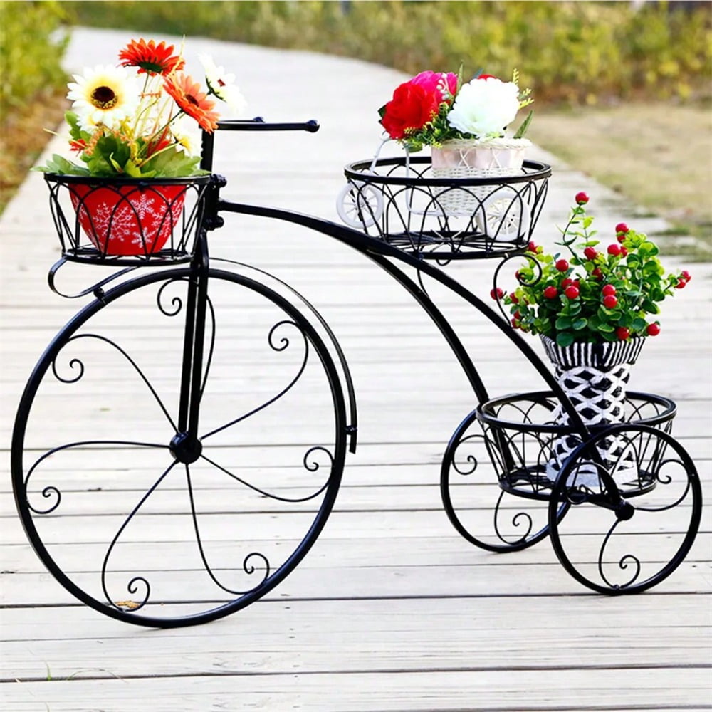 Tricycle Plant Stand, Flower Pot Cart Holder 3 Tier Metal Plant Stand ...