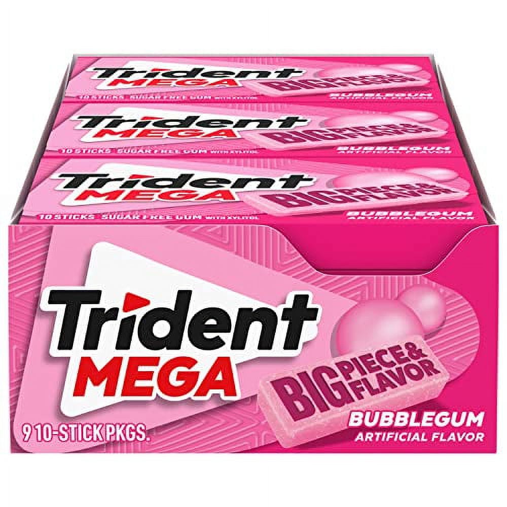 Trident Mega Bubblegum Sugar Free Gum, 9 Packs of 10 Pieces (90 Total Pieces) - Walmart.com