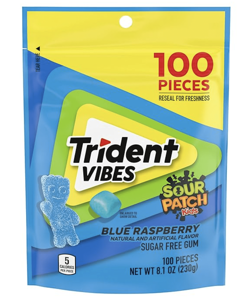 Trident Vibes Sour Patch Kids Sugar Free Blue Raspberry Gum, 1-100 ...