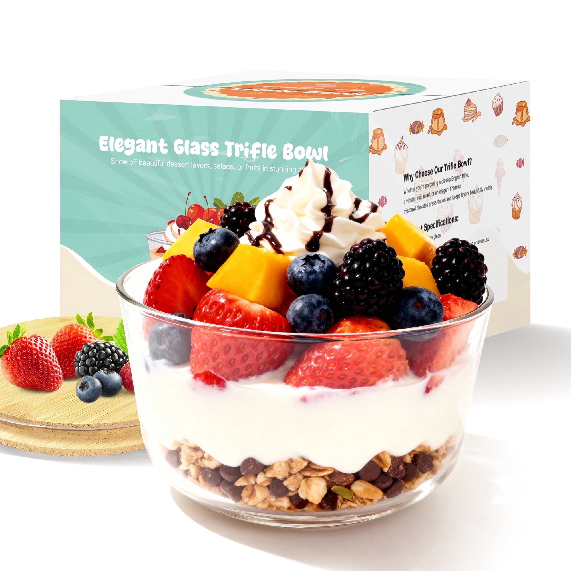 Trifle Bowl with Lids, 97oz Glass Serving Bowls, BPA-Free Borosilicate ...