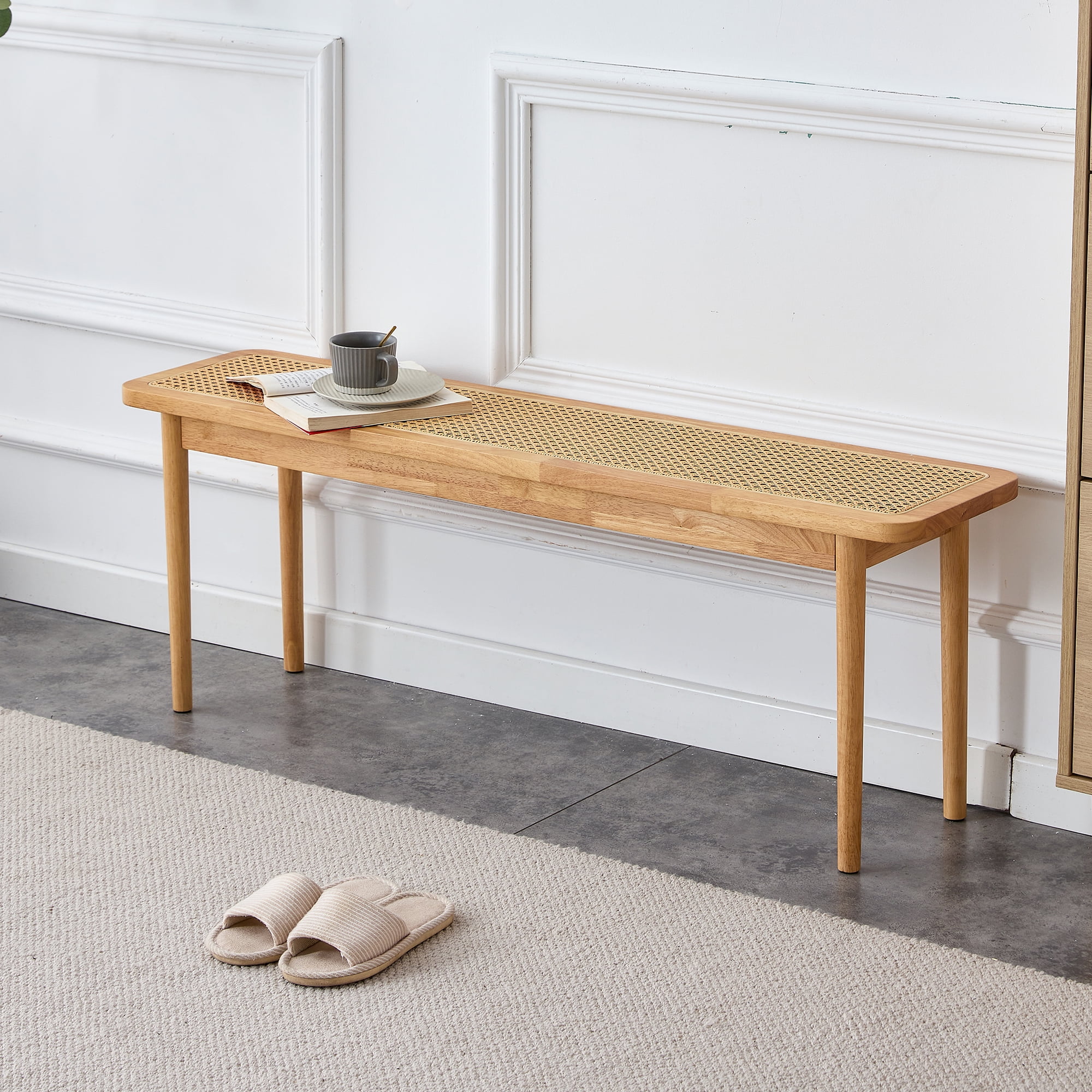 Trilenars 47-Inch Rattan Surface Design Bed End Bench with Rounded ...