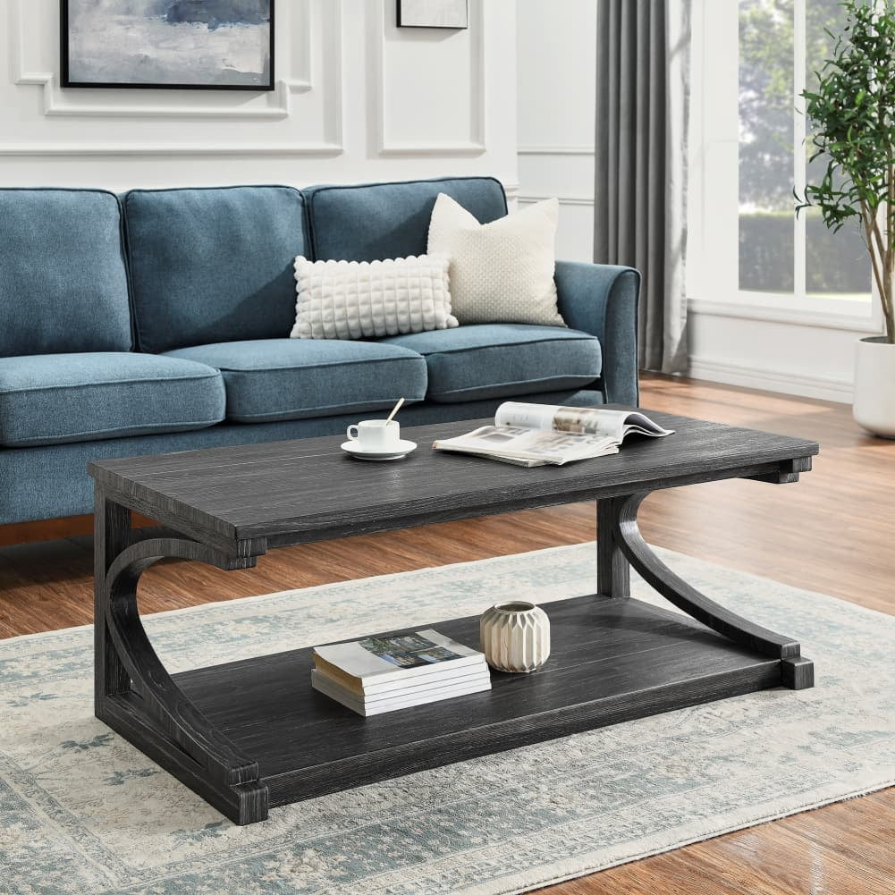 Trilenars 48 Inch Solid Wood Shaped Coffee Table, Modern Farmhouse ...