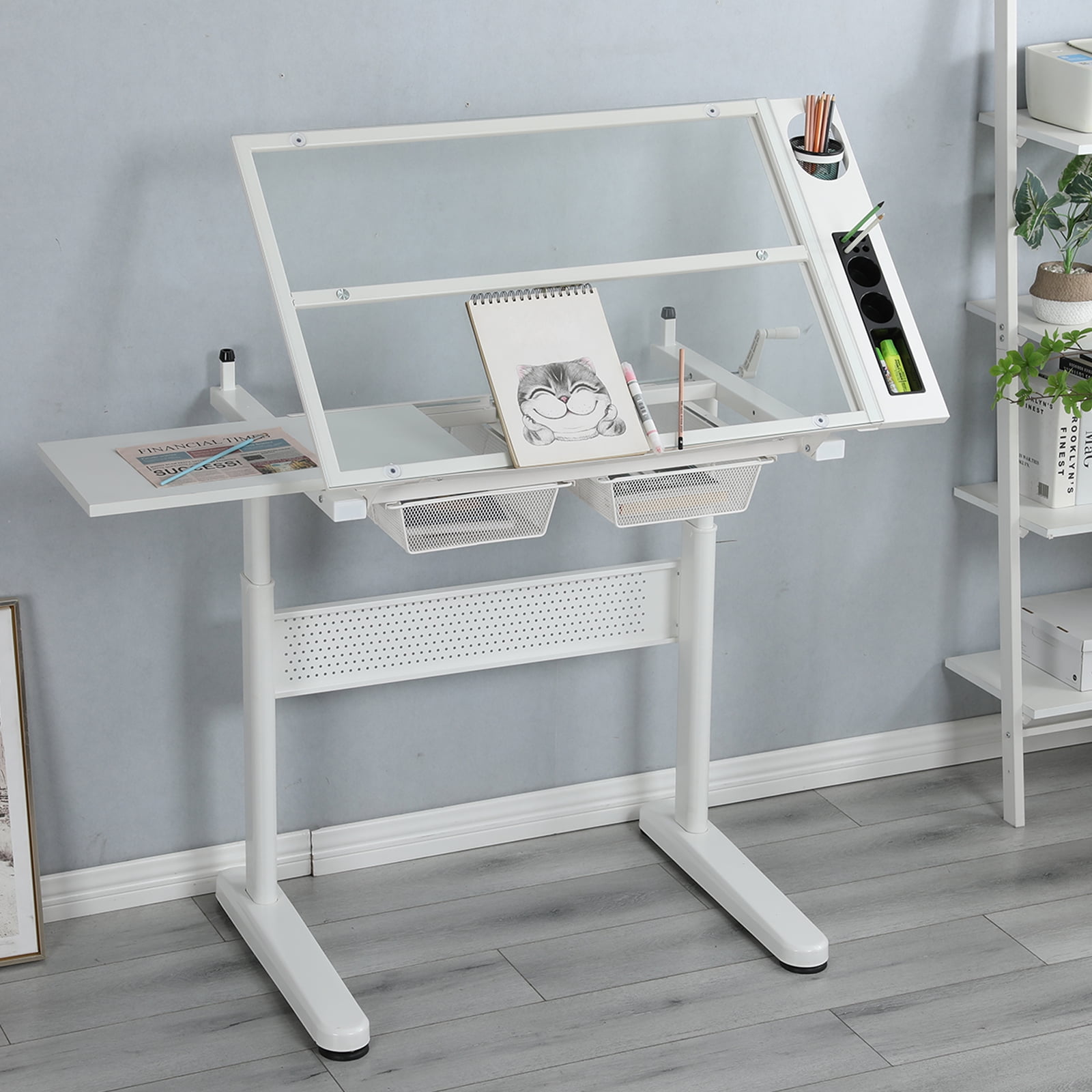 Trilenars Drawing Desk With Stool, Hand Crank Adjustable Drafting Table ...