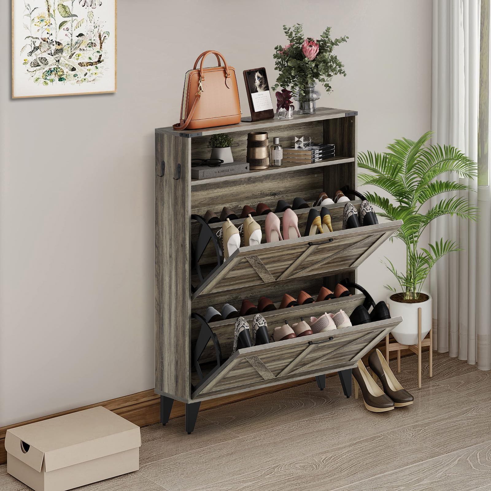 Trilenars Shoe Cabinet with 2 Flip Drawers, Narrow Shoe Locker for ...
