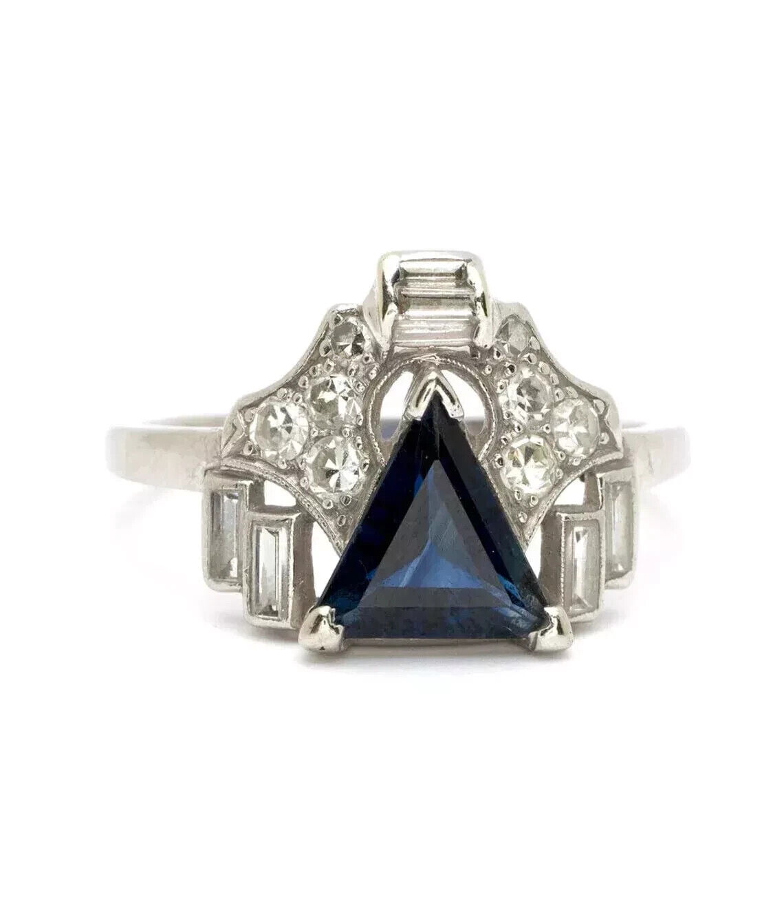 Trilliant Cut Blue Sapphire Ring, Vintage Diamond Engagement Ring ...