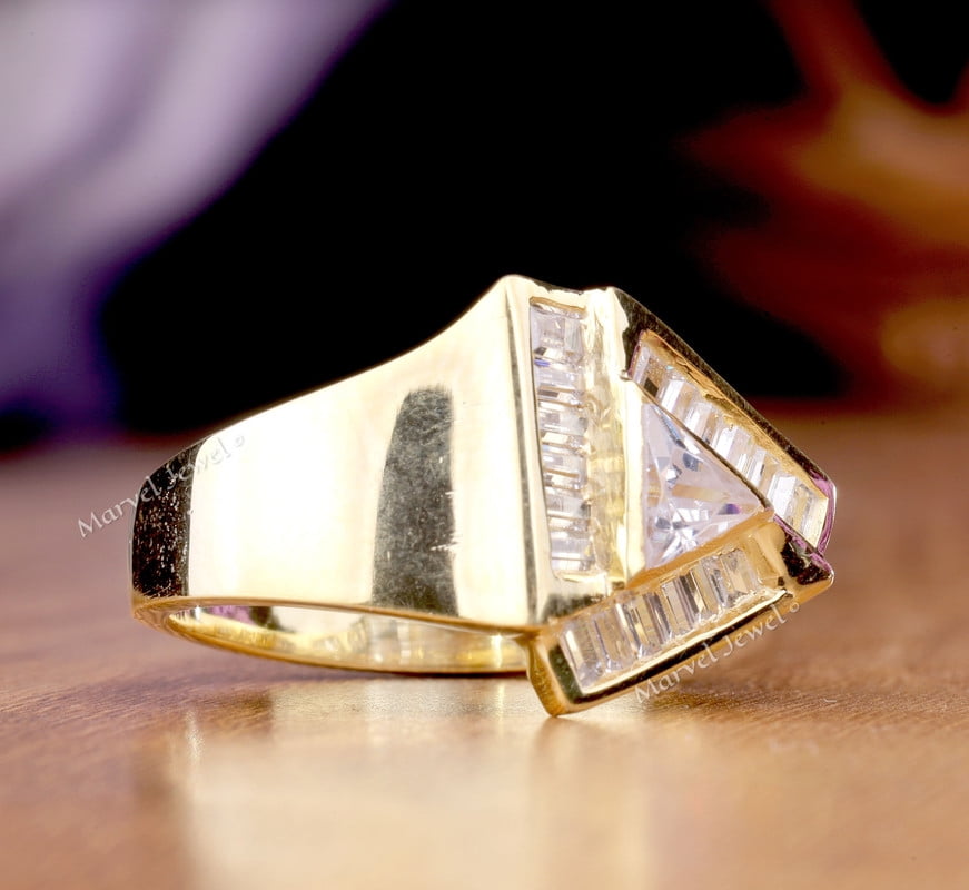 Trillion Cut Bezel Set Diamond Engagement Ring, Baguette Halo Diamond ...