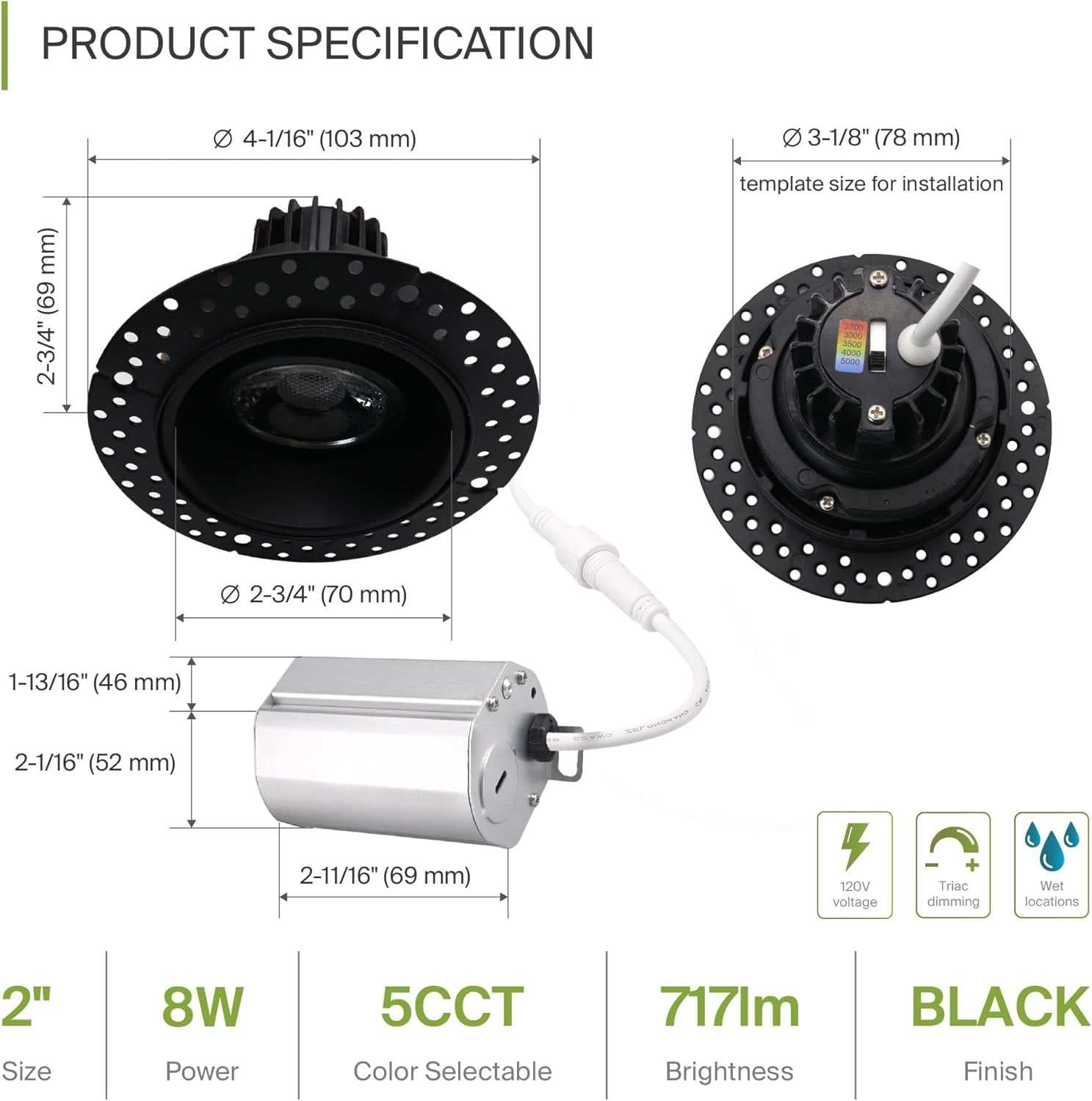 Trimless Gimbal LED Recessed Lighting 2 Inch, 8W 120V Dimmable Ceiling ...