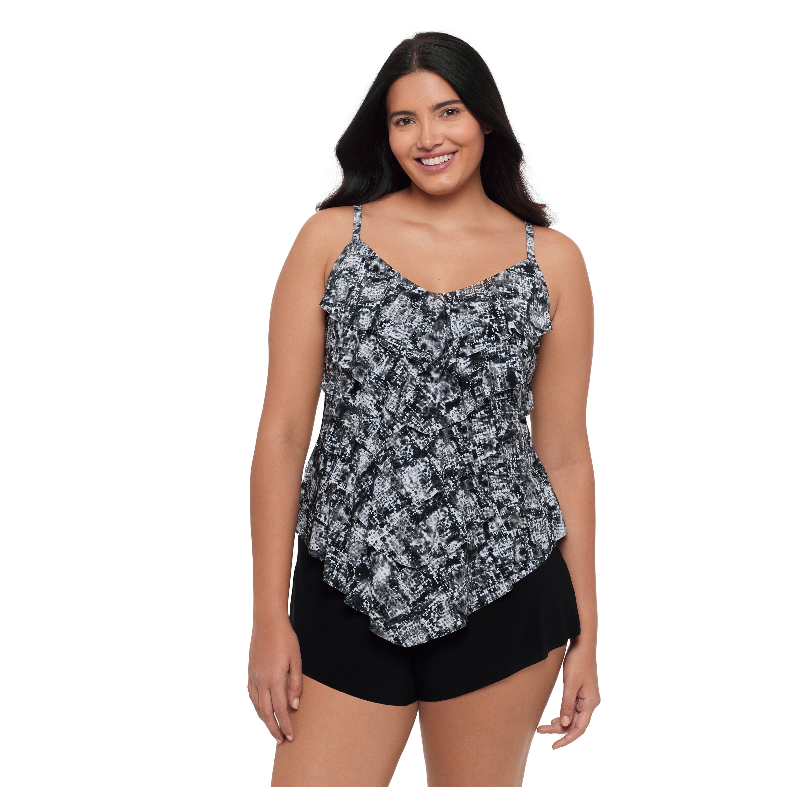 Trimshaper Women's Rachel 5 Tier Ruffle Tankini Swim Top - Misty Mamba ...