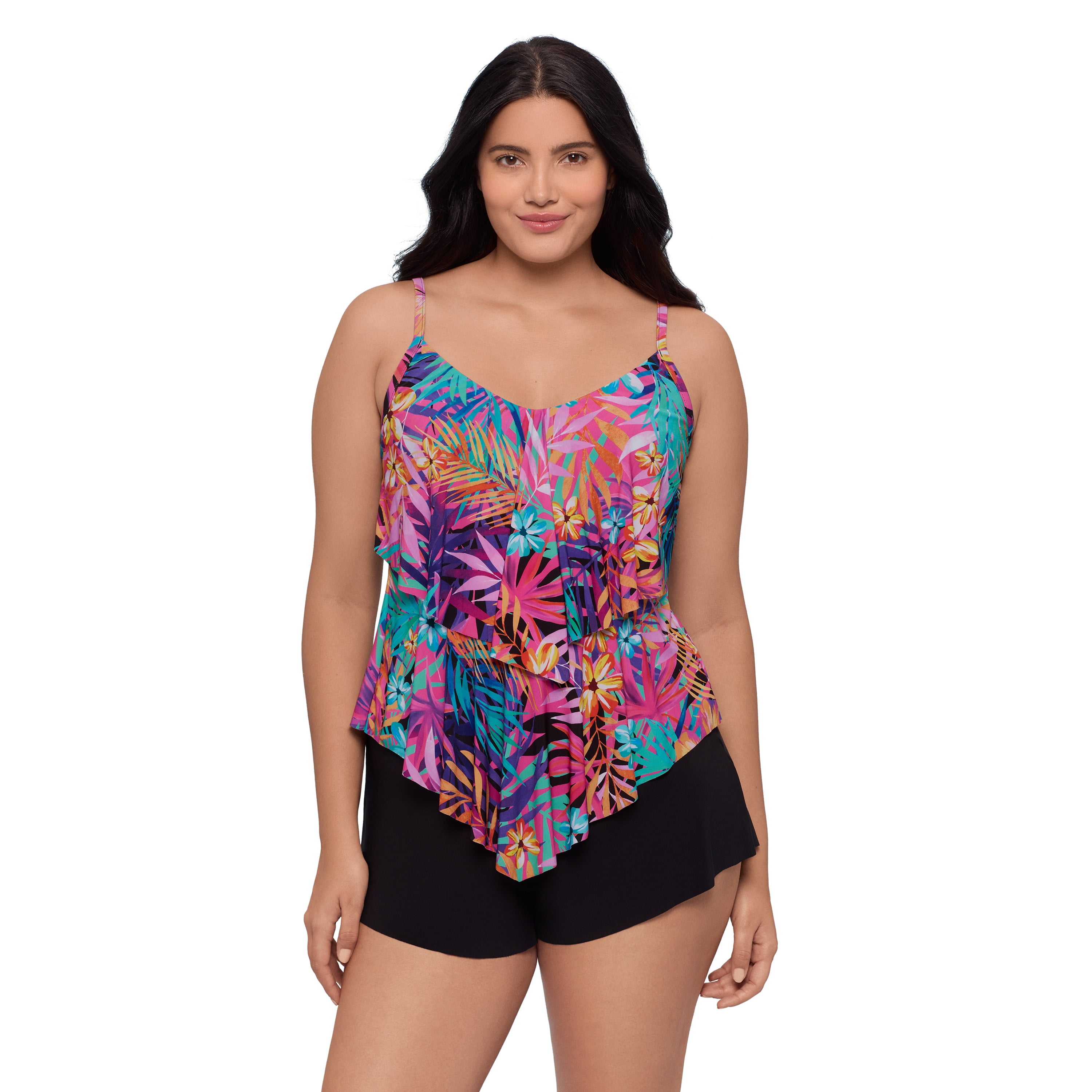 Trimshaper Women's Ronnie Two Tier Ruffle Tankini Swim Top - Carribean ...